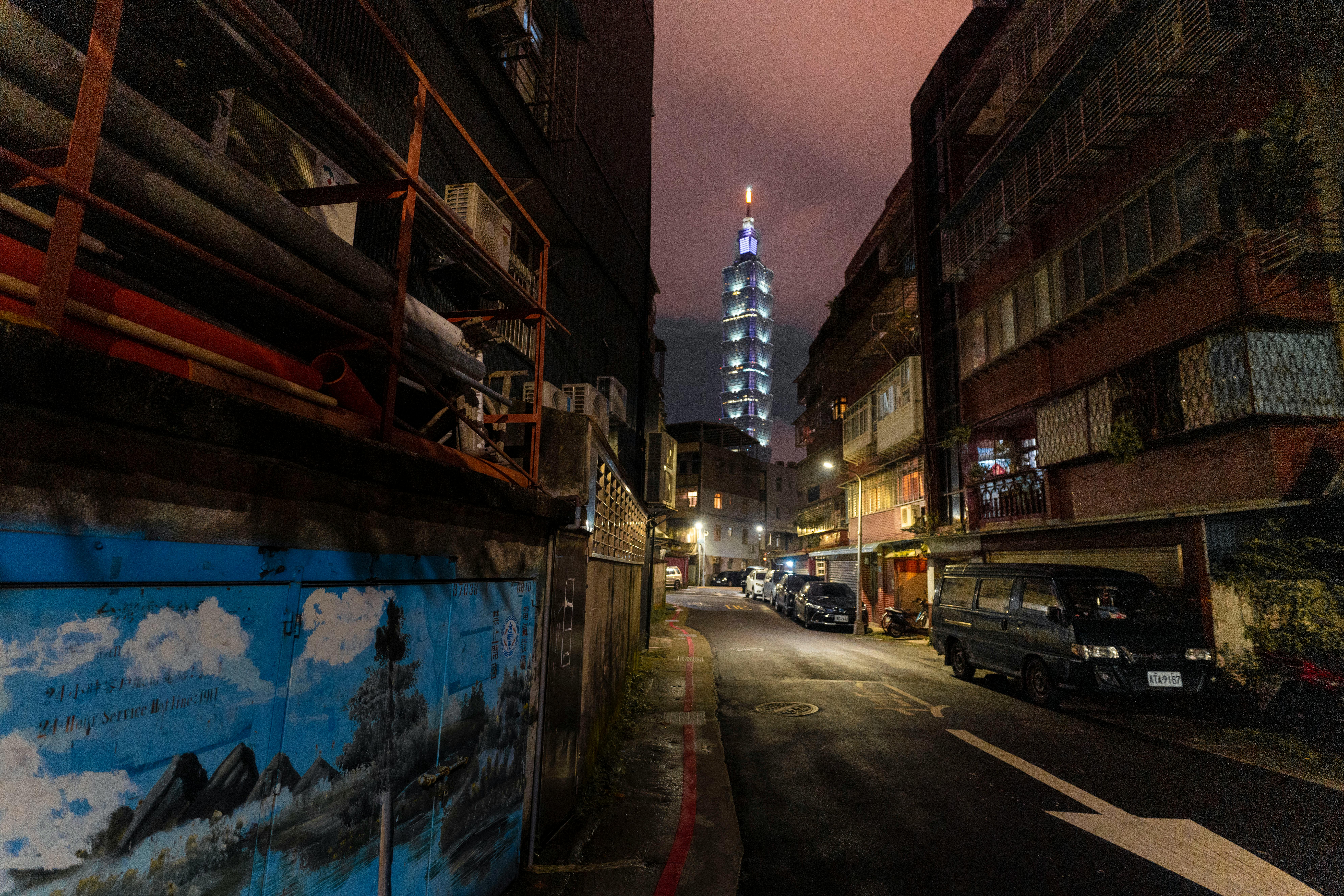 A Street with a View of Taipei 101 at Night · Free Stock Photo