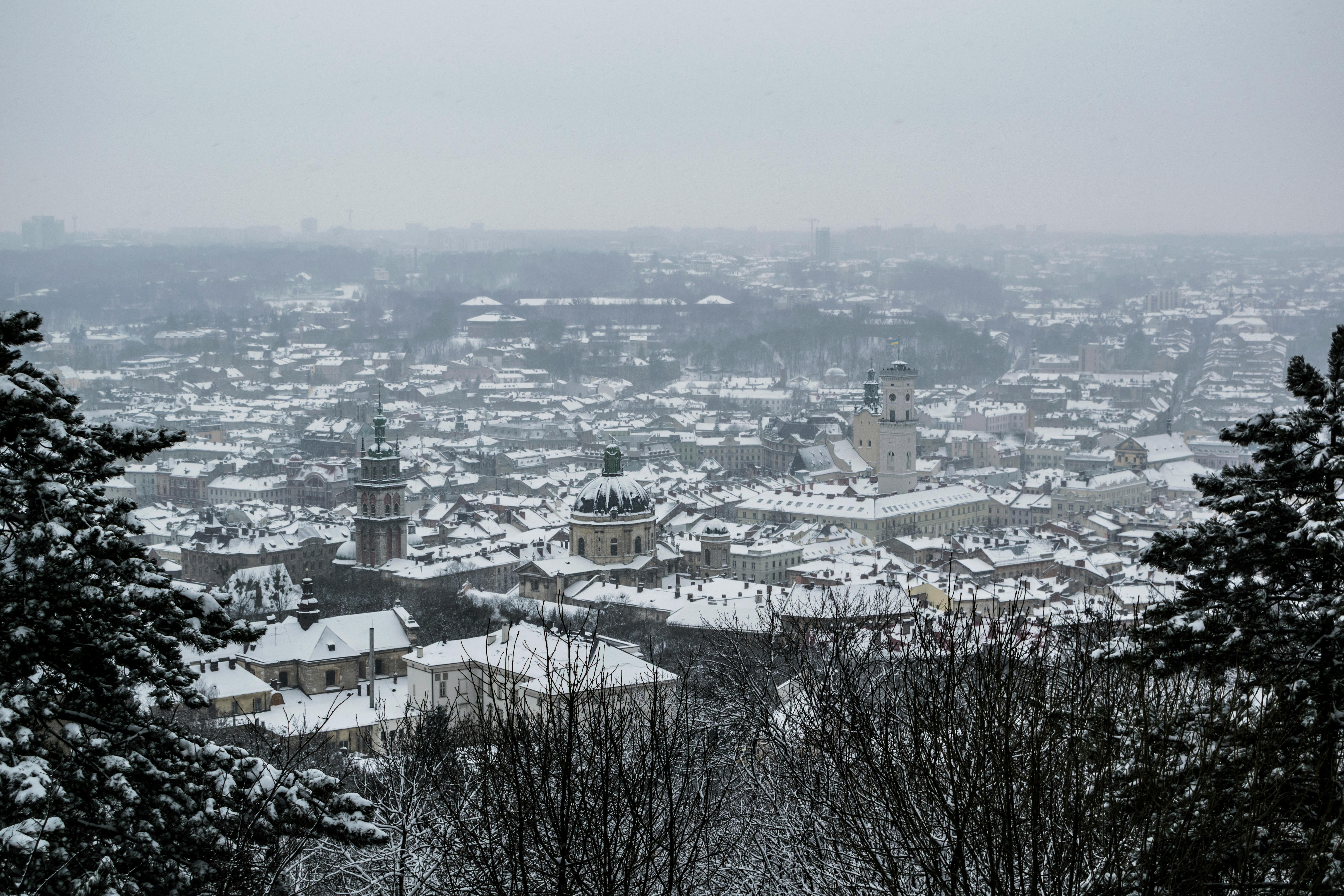 Aerial Photography of a Snow Covered City · Free Stock Photo