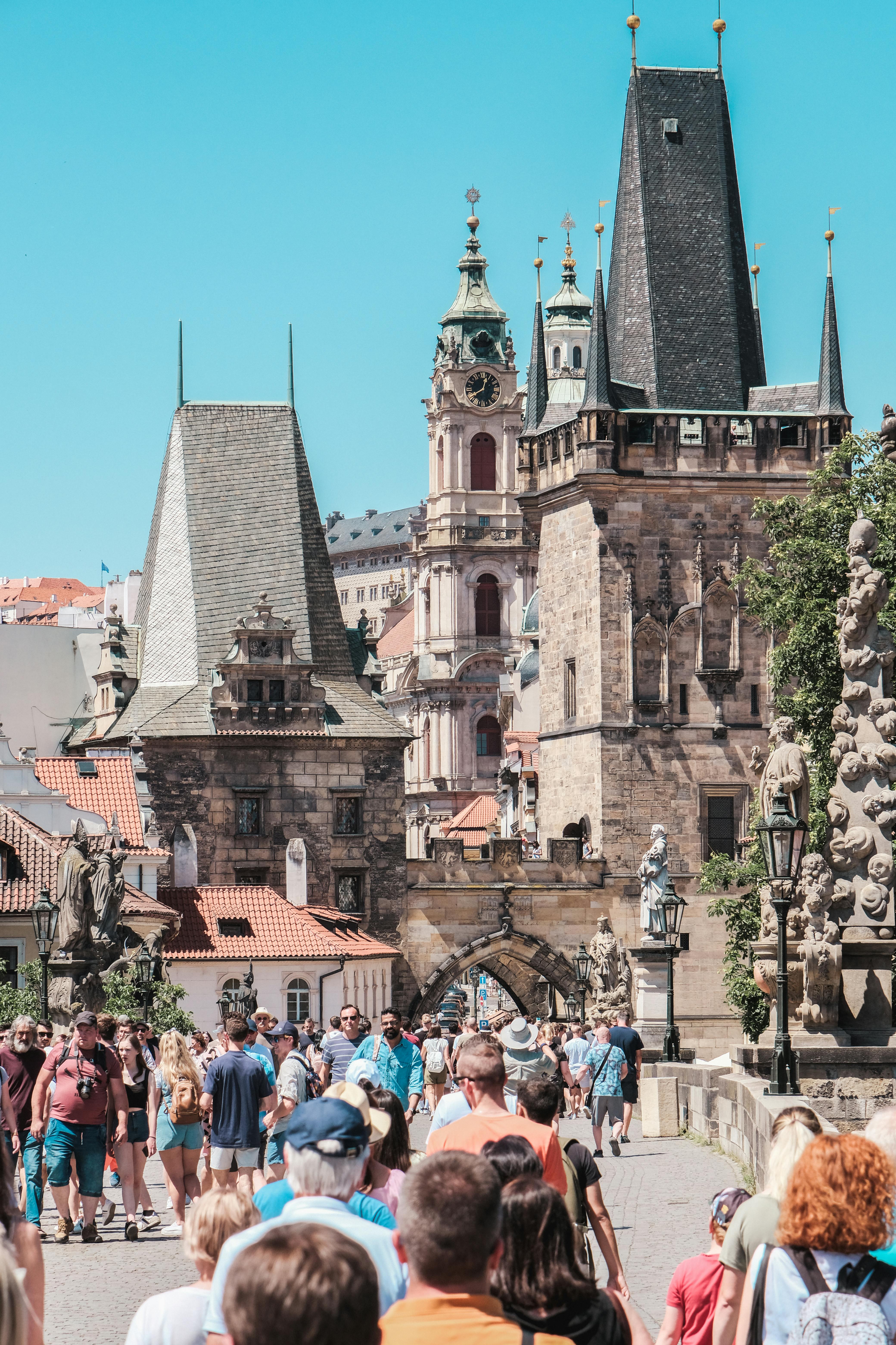 Busy Tourists Walking on the Street Near Lesser Town Bridge Tower ...