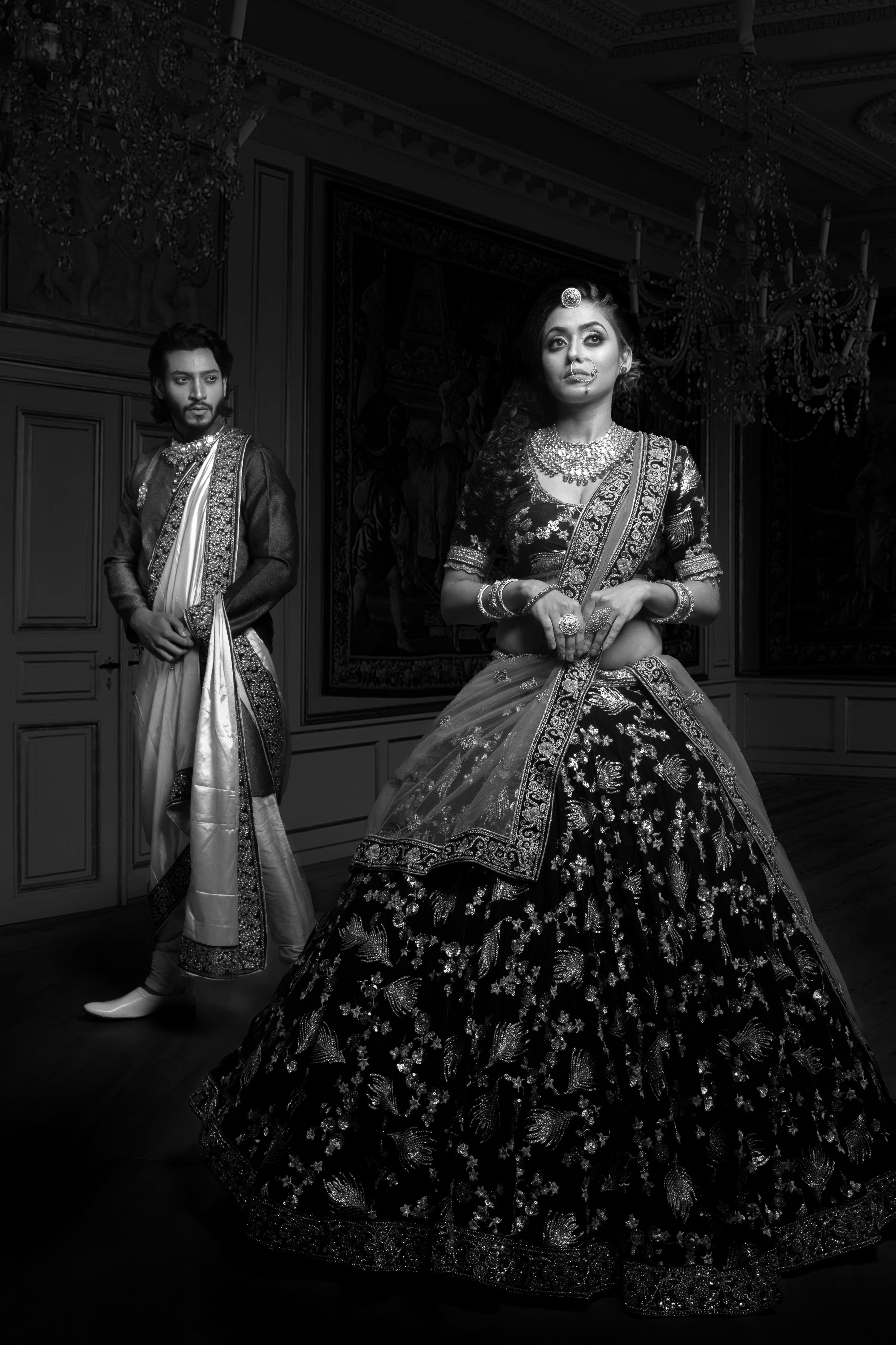 Grayscale Photography of a Man and a Woman Wearing Traditional Clothing ...