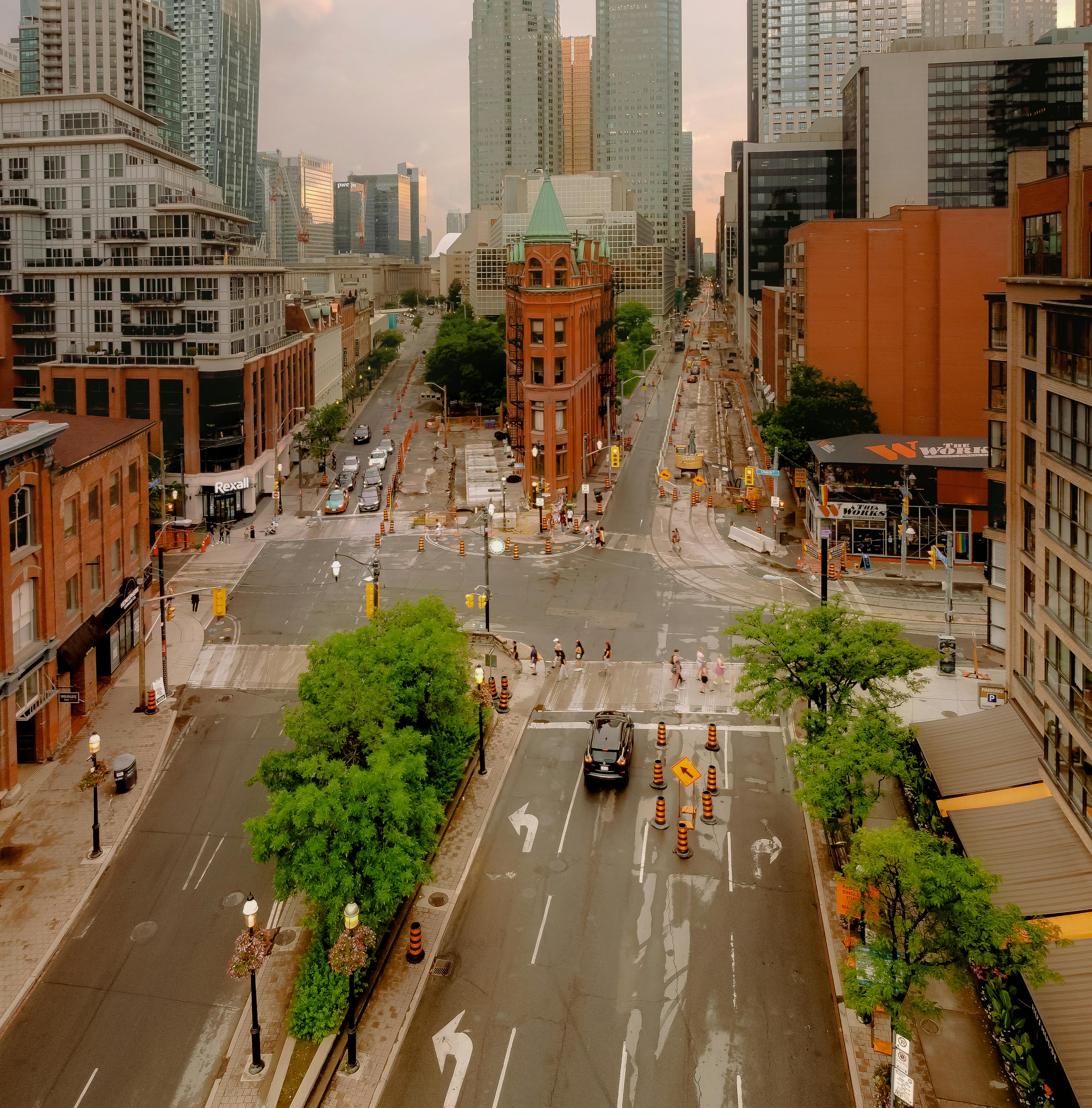 Aerial View of Iconic Urban Intersection at Dusk · Free Stock Photo