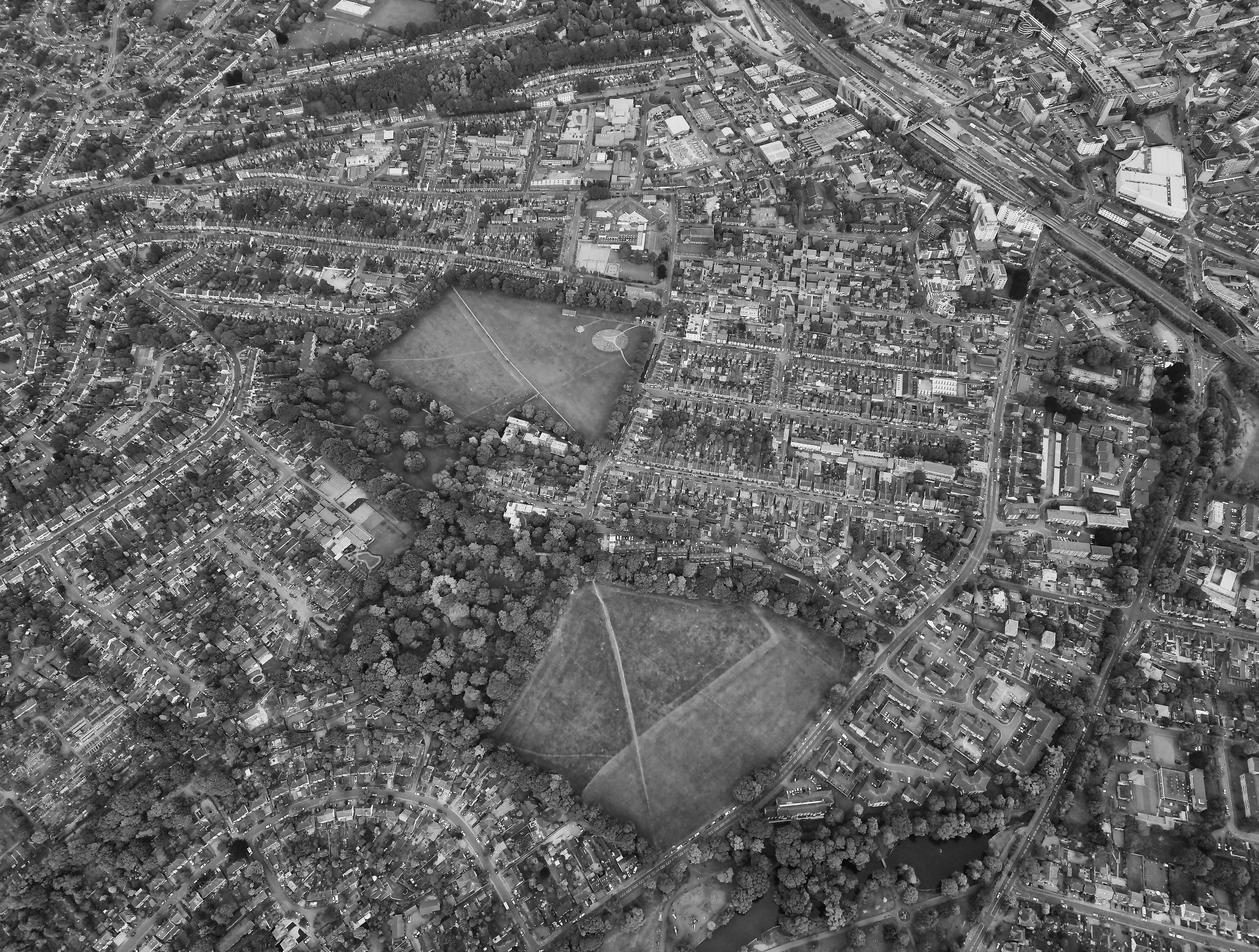 Birds Eye View of Town in Black and White · Free Stock Photo
