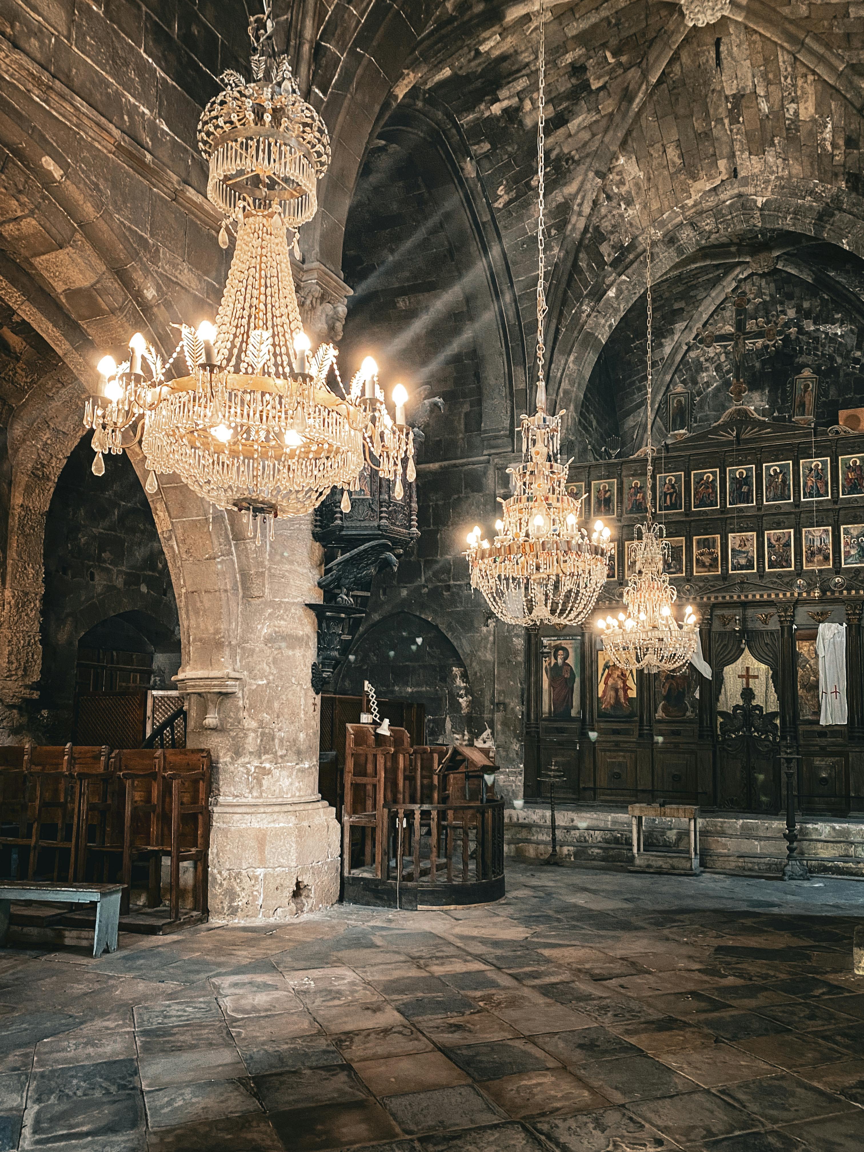 Ornate Chandeliers Hanging from Ceiling in Medieval Chamber · Free ...