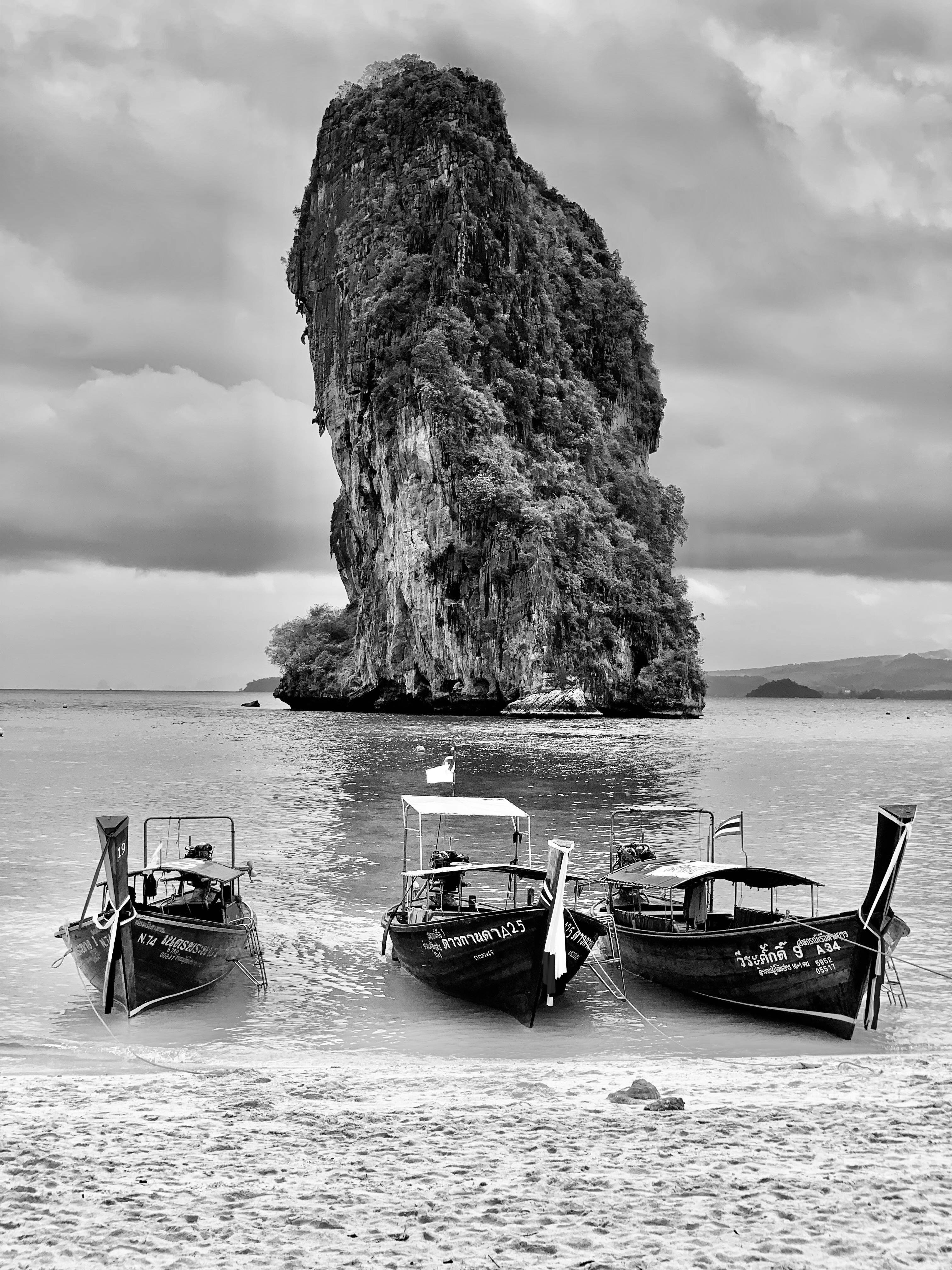 Grayscale Photography of a Boat Near the Lake · Free Stock Photo