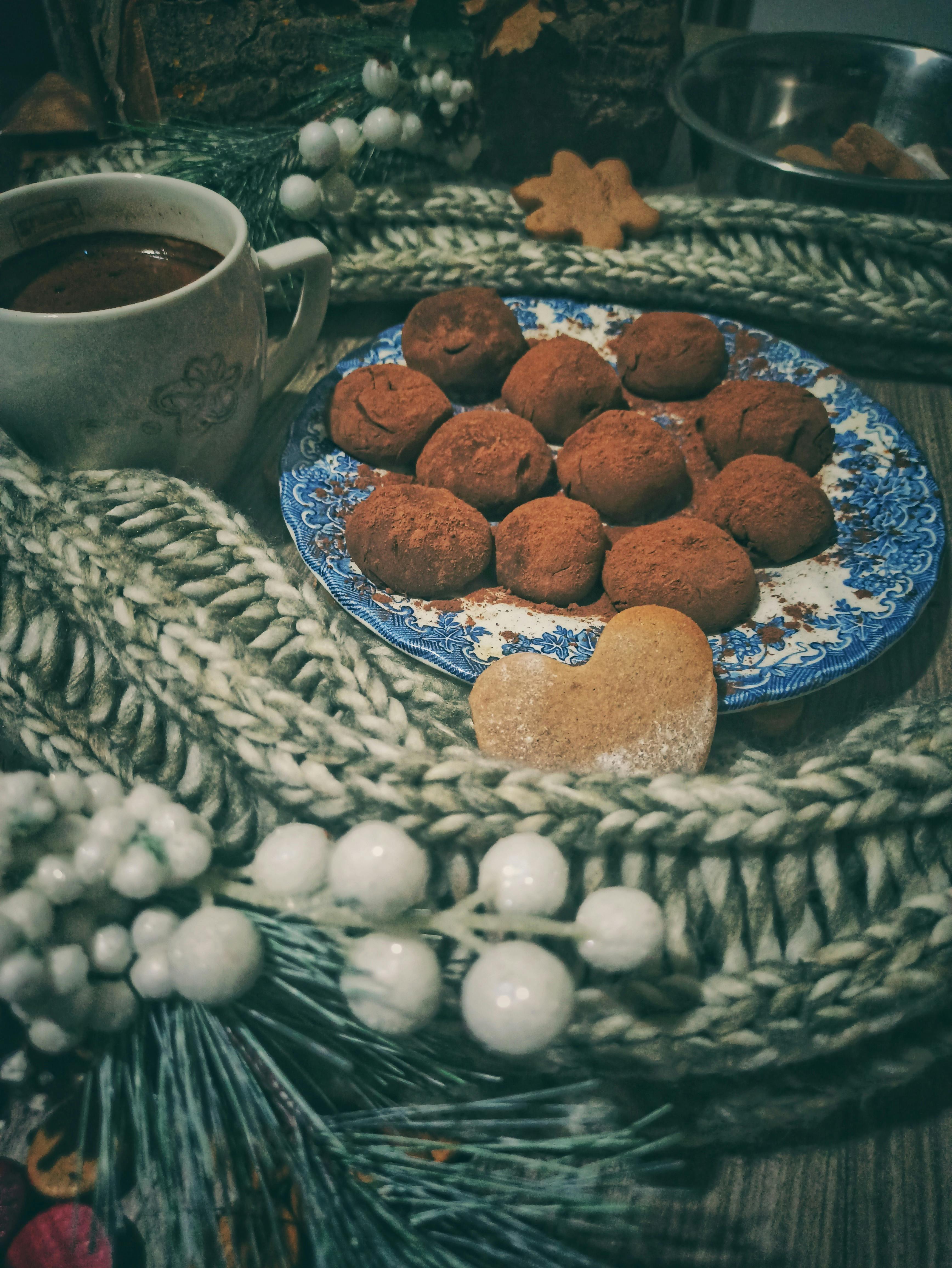 Chocolate Balls on Blue and White Ceramic Plate · Free Stock Photo