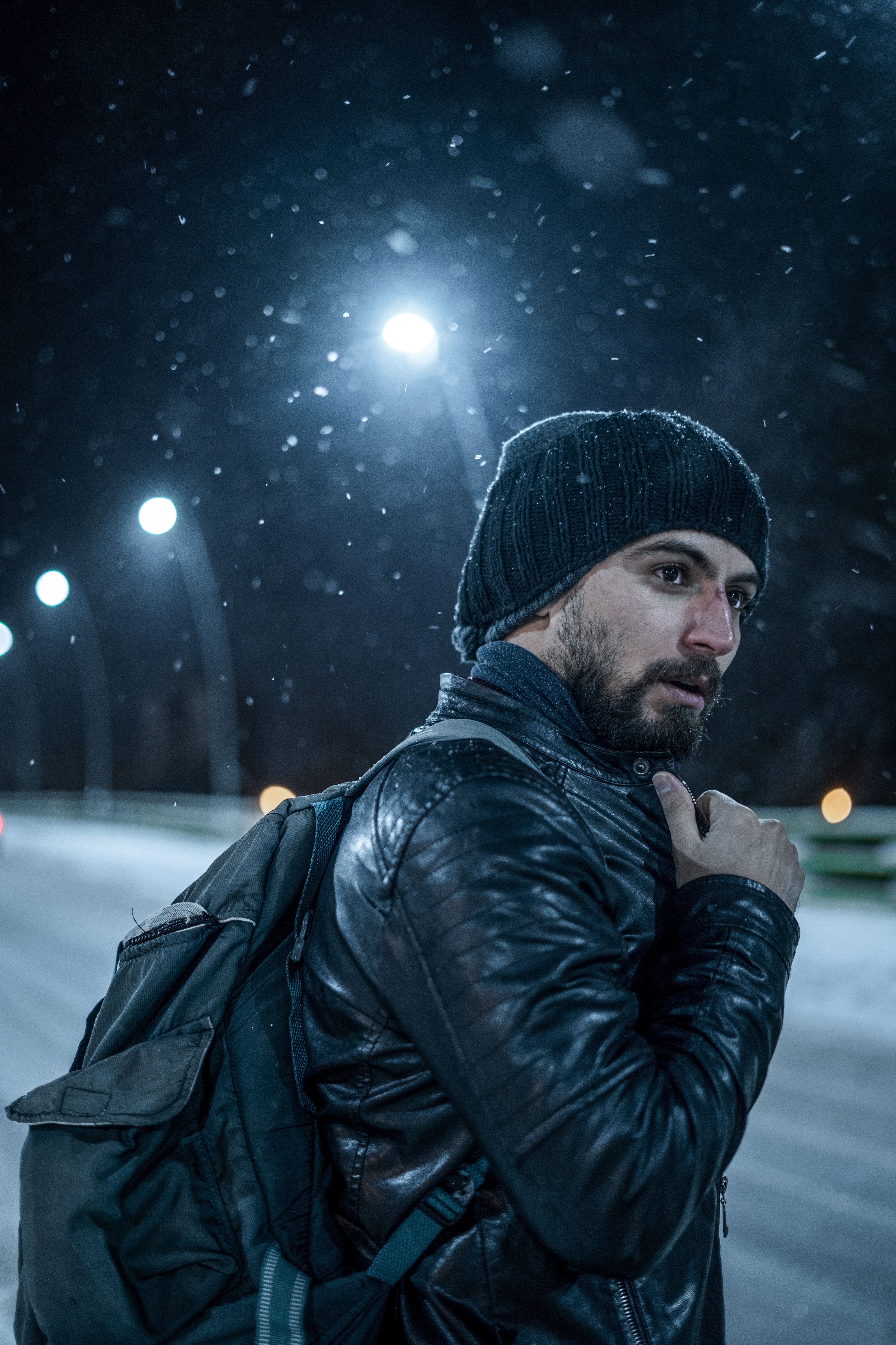 A Bearded Man in a Leather Jacket and a Bonnet during Winter · Free ...