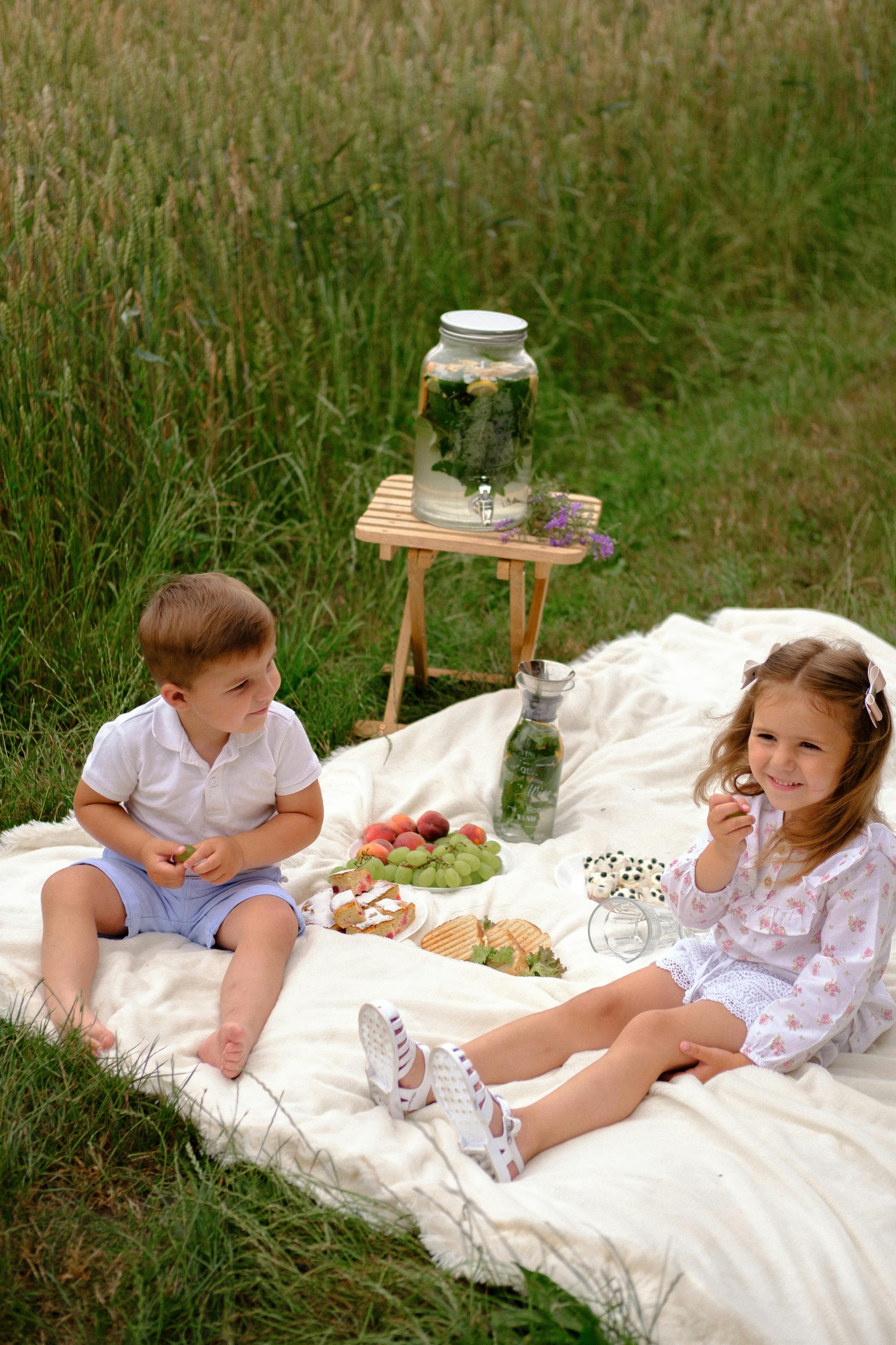 Two Children Sitting on White Picnic Blanket · Free Stock Photo