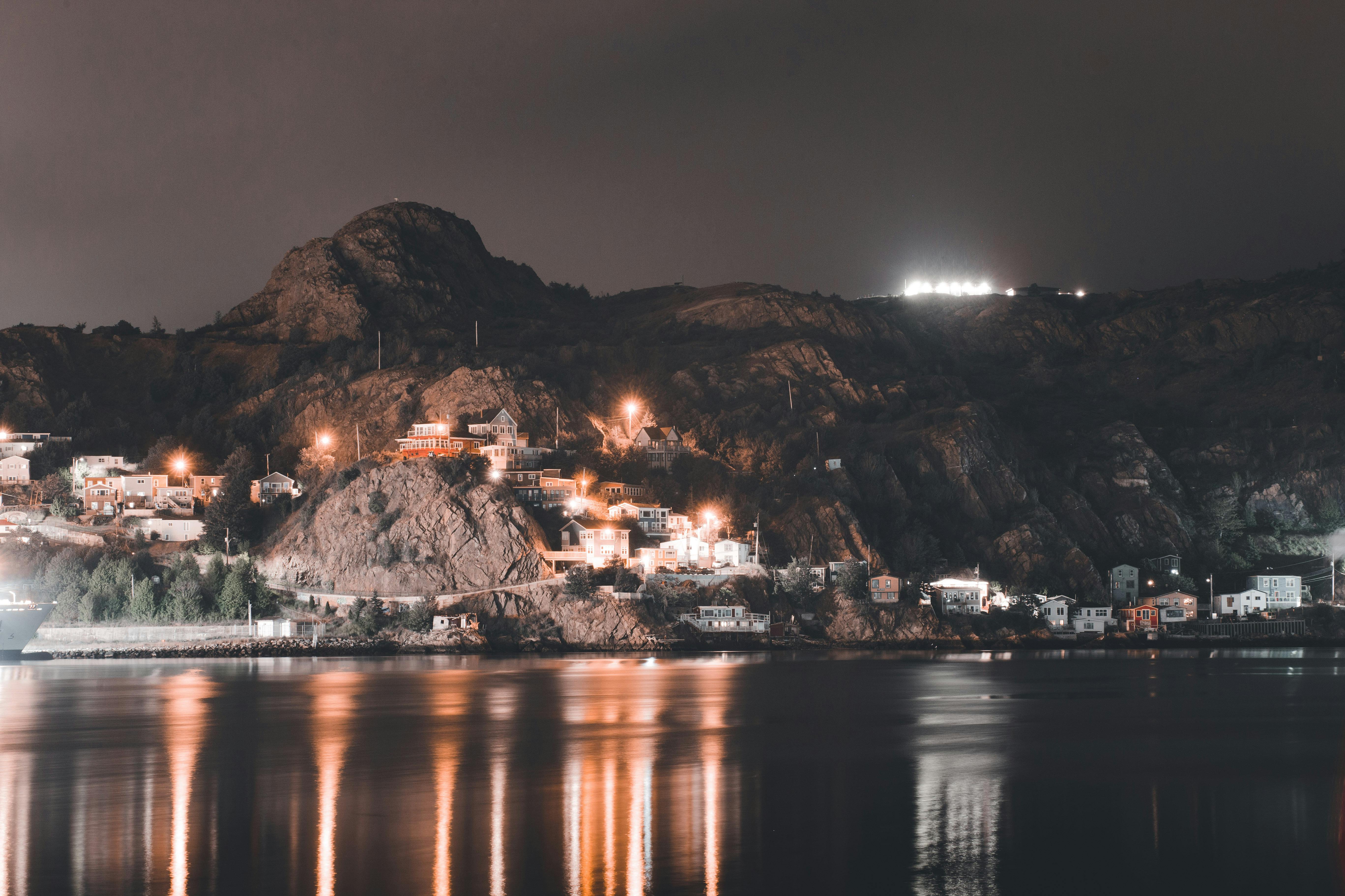 Lights in Town on Shore at Night · Free Stock Photo