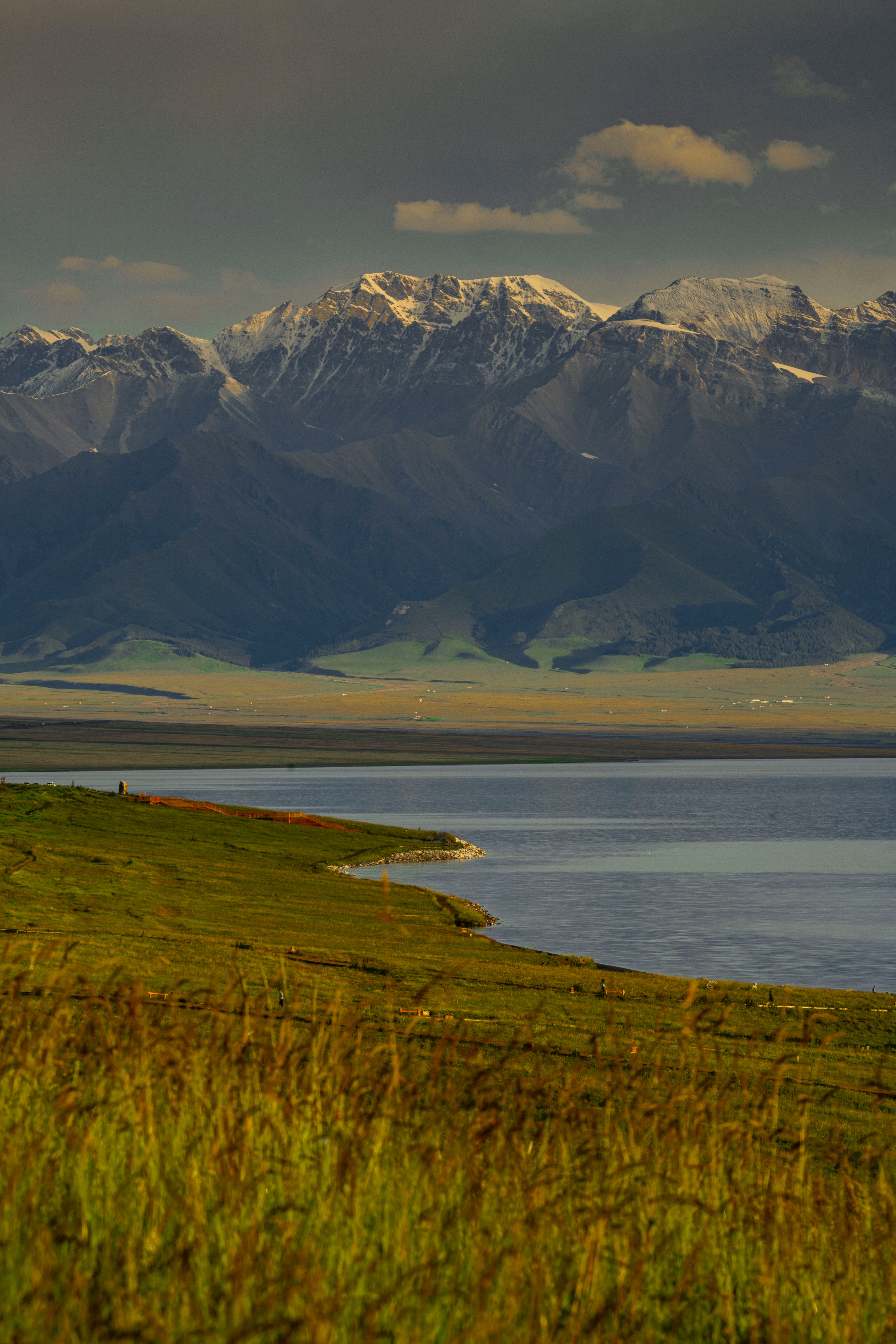 A Green Grass Field Near the Lake and Mountain · Free Stock Photo