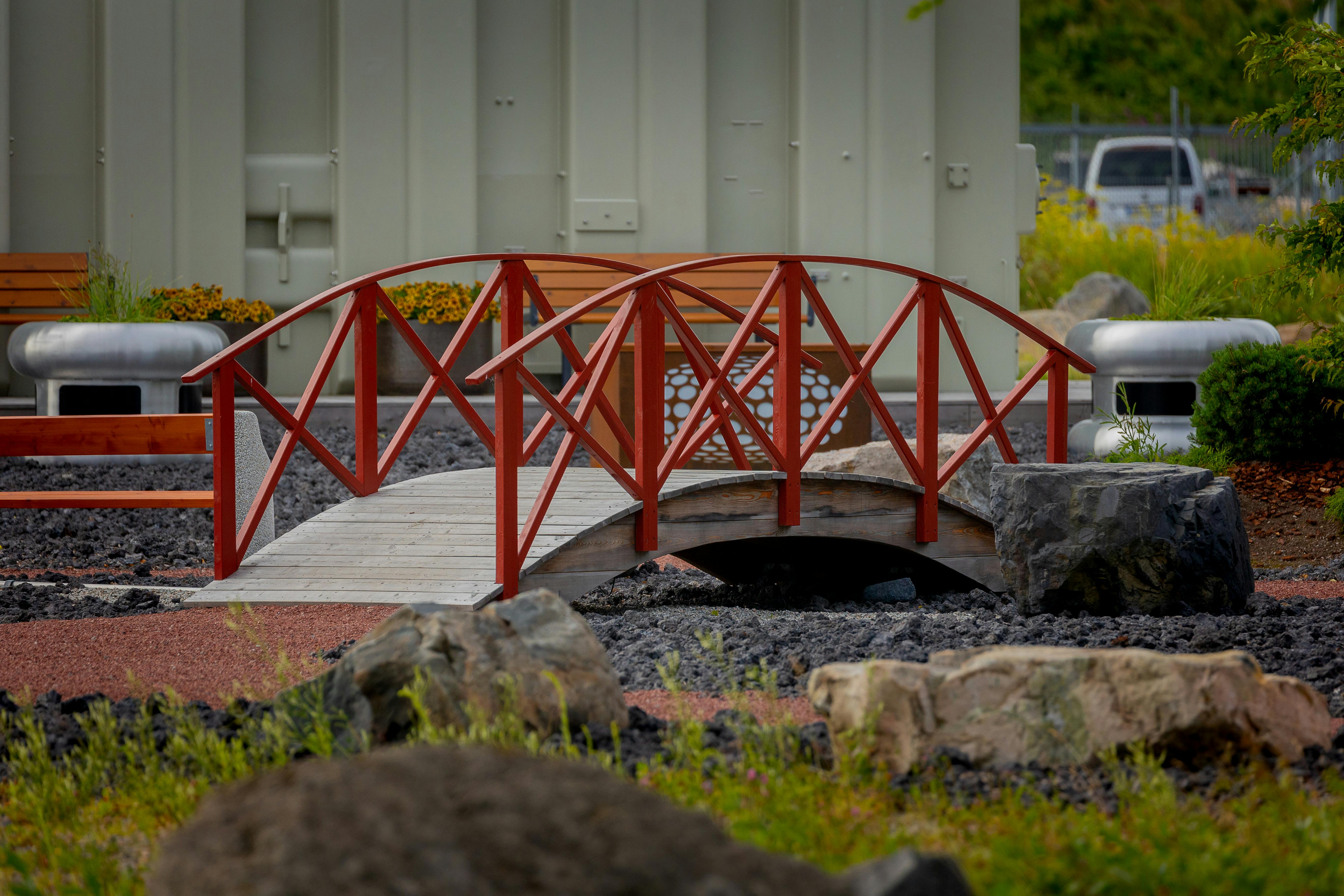 Small Footbridge with Red Railing in a Town · Free Stock Photo