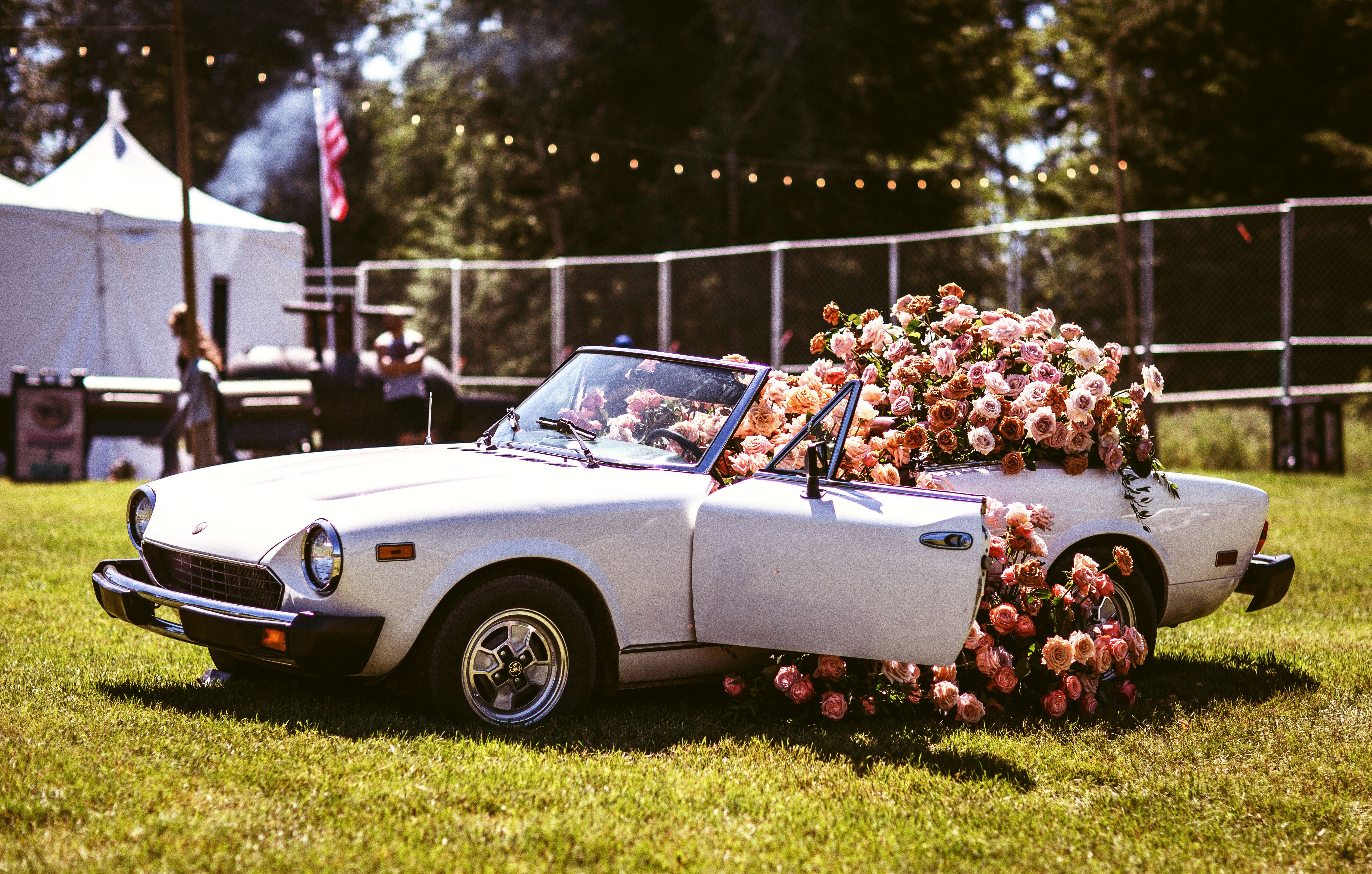 Bunch of Pink Flowers on White Convertible Coupe · Free Stock Photo