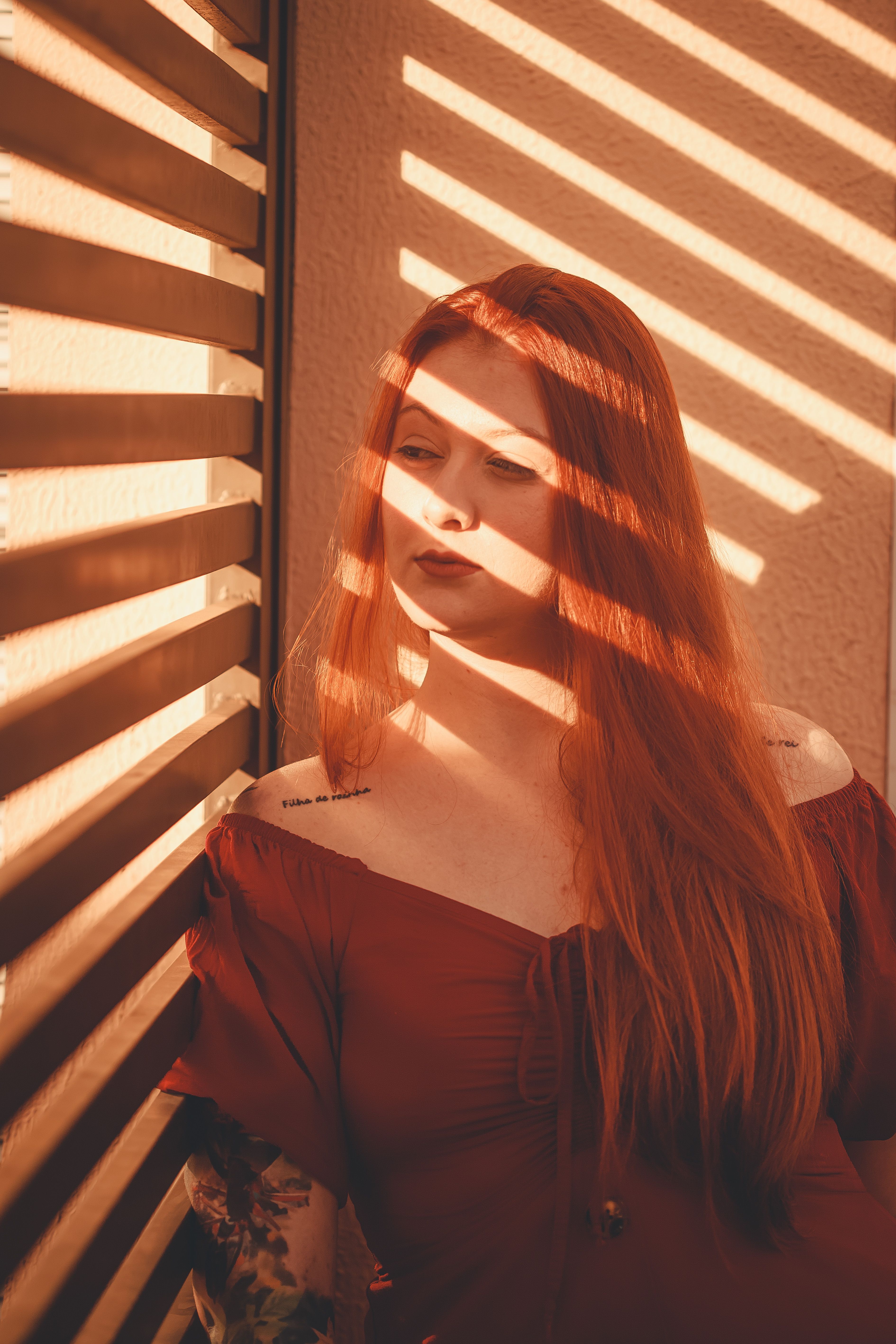 Woman Standing by the Window in the Shade of Shutters · Free Stock Photo