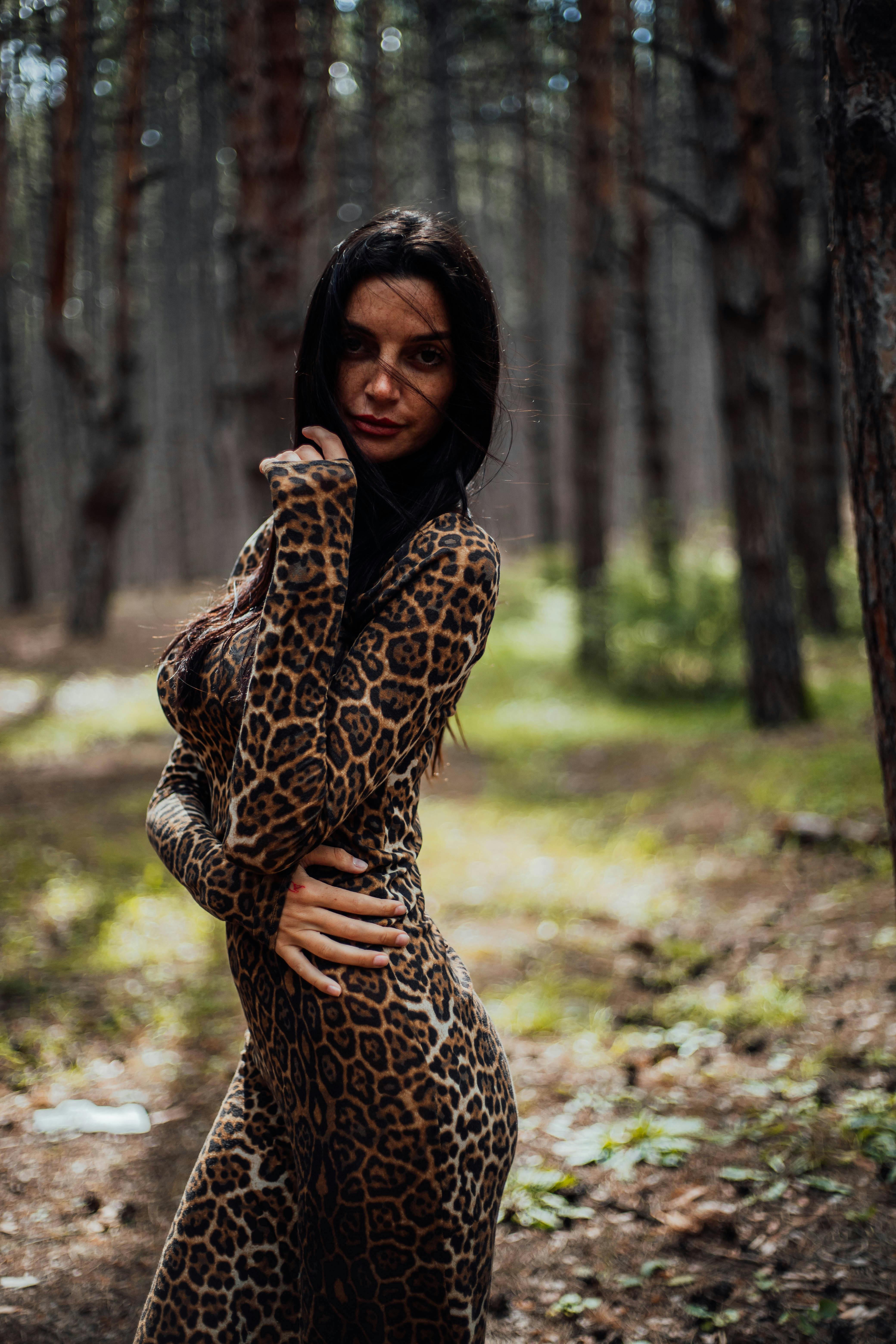 Woman Wearing Leopard Print Dress in the Woods · Free Stock Photo