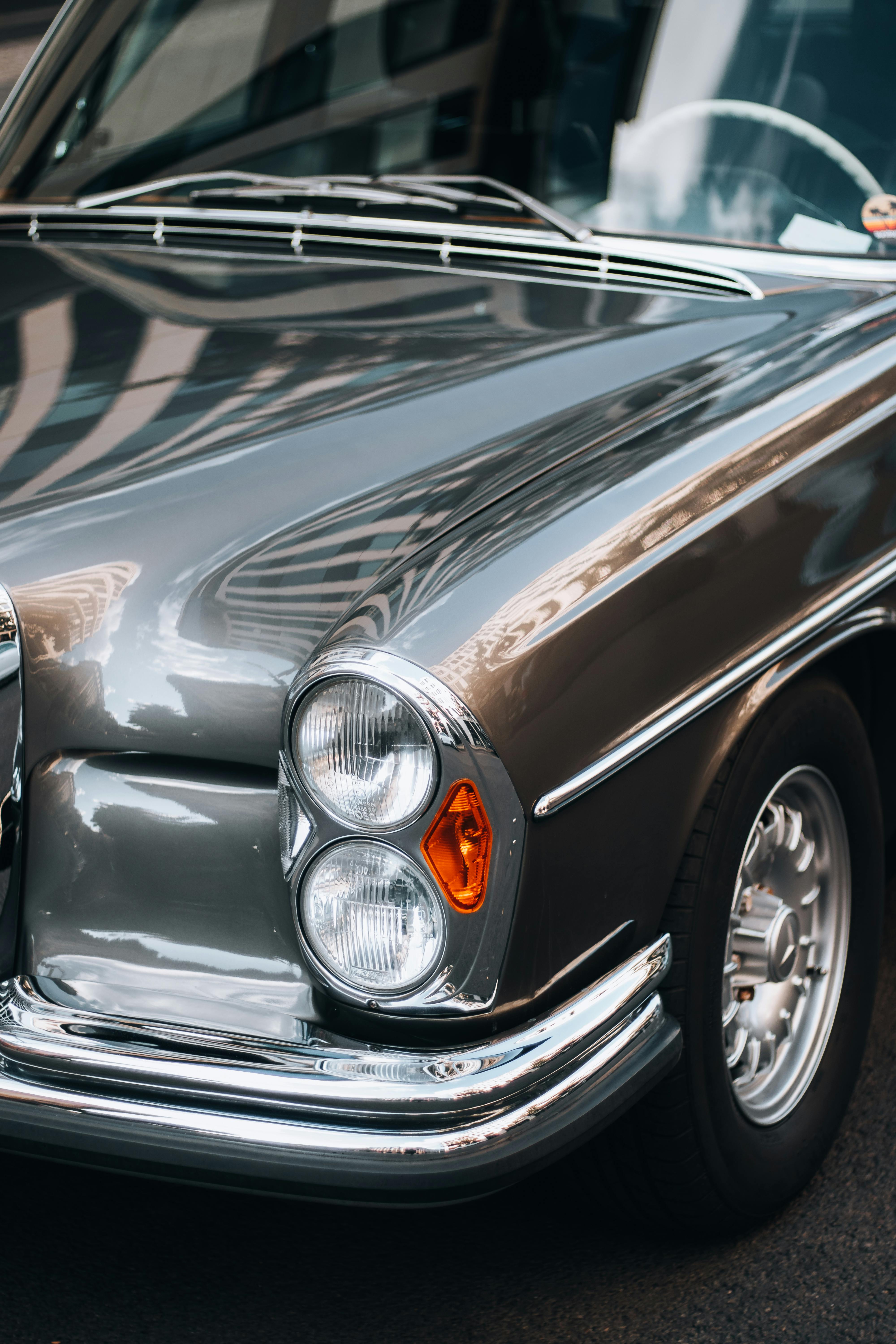 Grey Vintage Car with Chrome Bumpers · Free Stock Photo