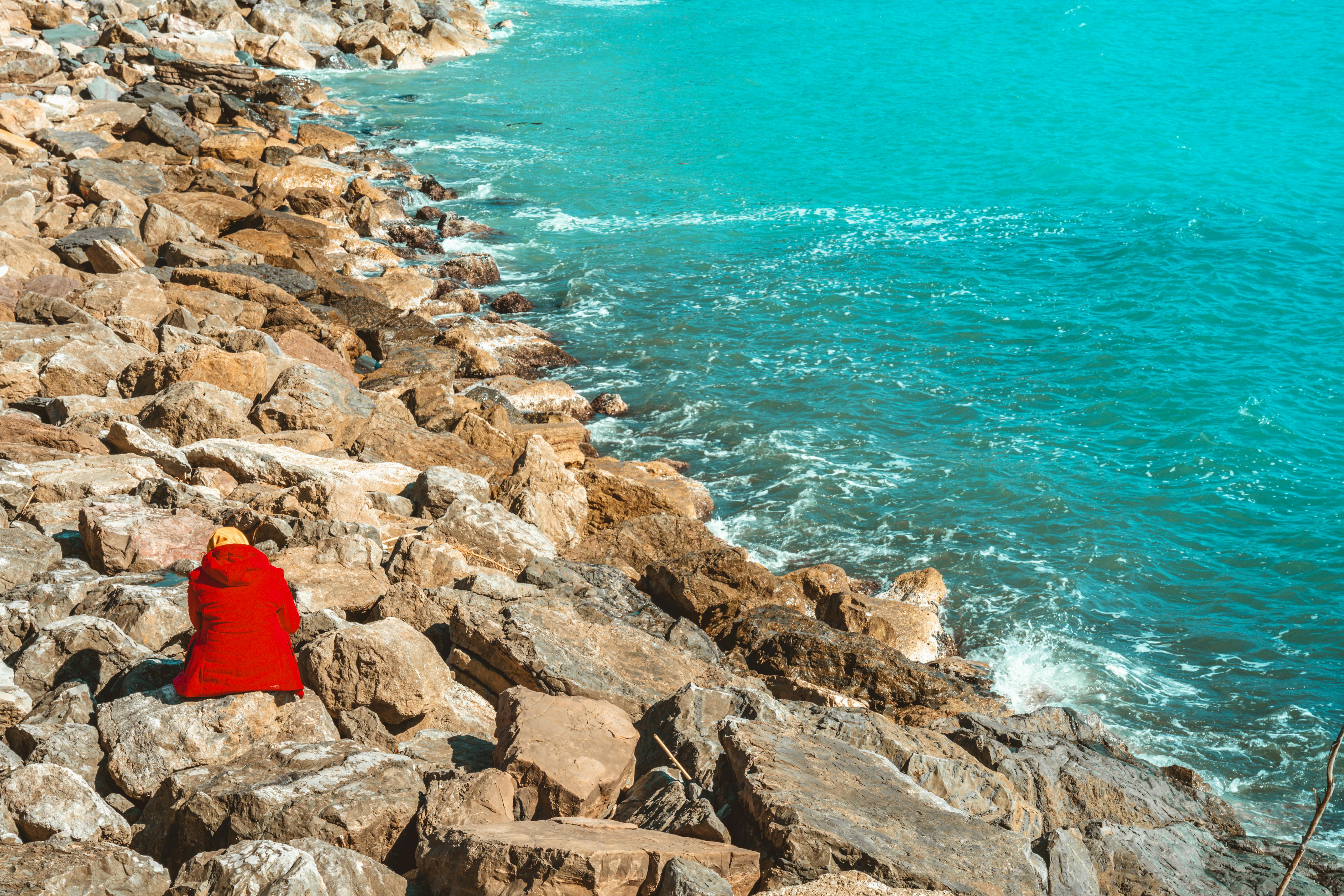 Person in Red Coat Sitting on Rocky Sea Shore · Free Stock Photo