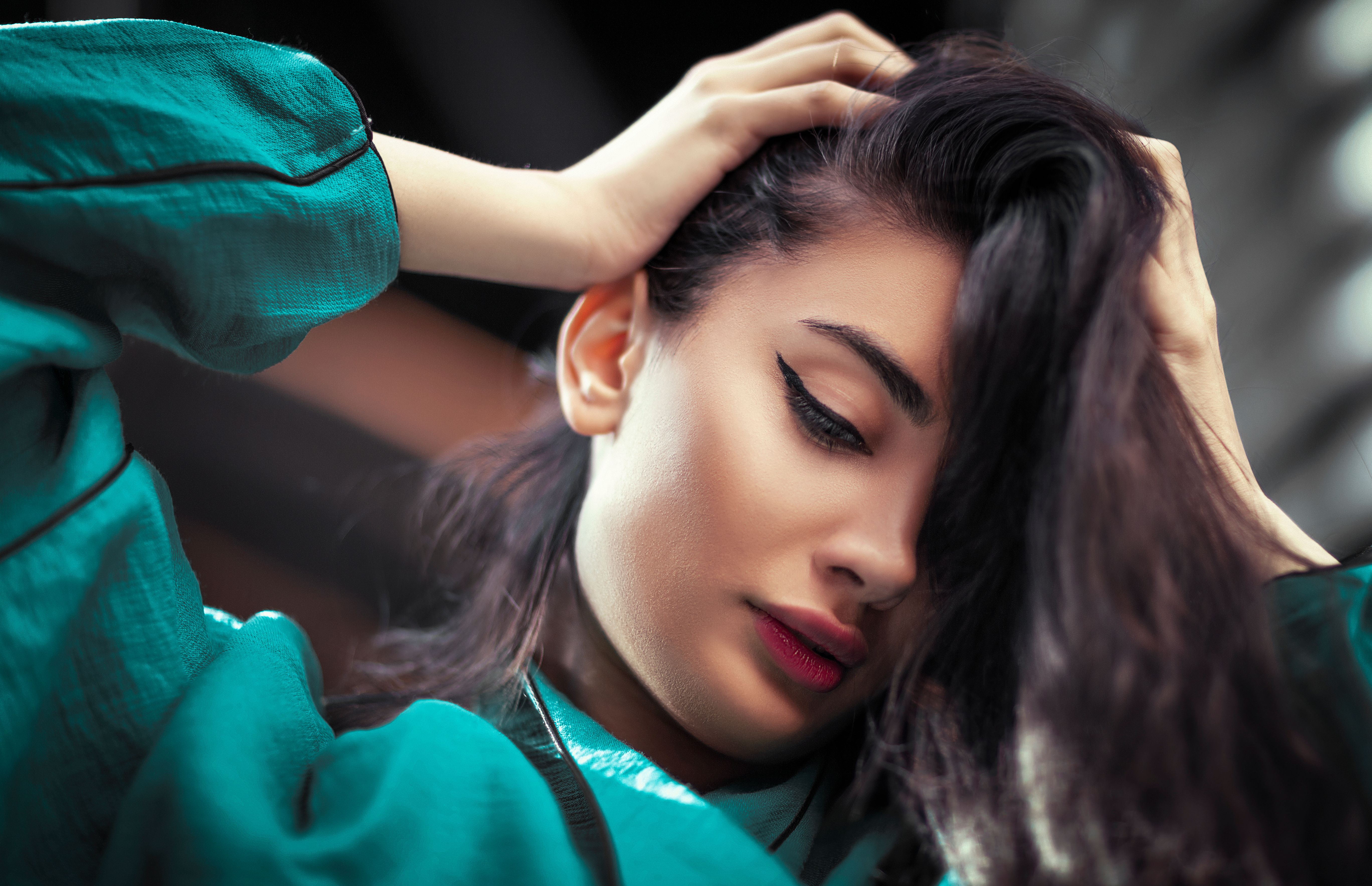 Beautiful Woman with Hands on Her Long Hair · Free Stock Photo