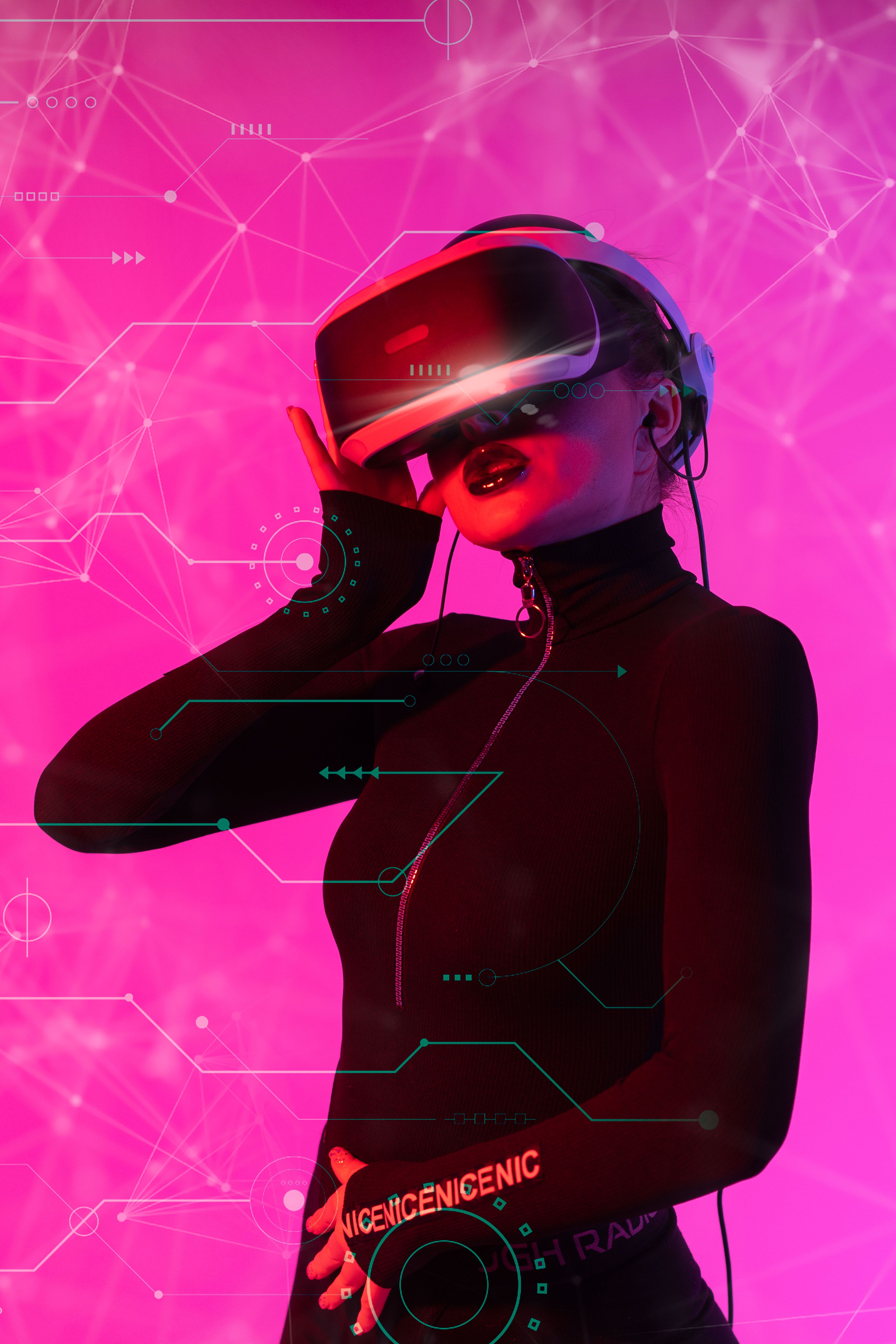 Photo of a Woman Wearing Black Costume and Red VR Goggles against Pink ...