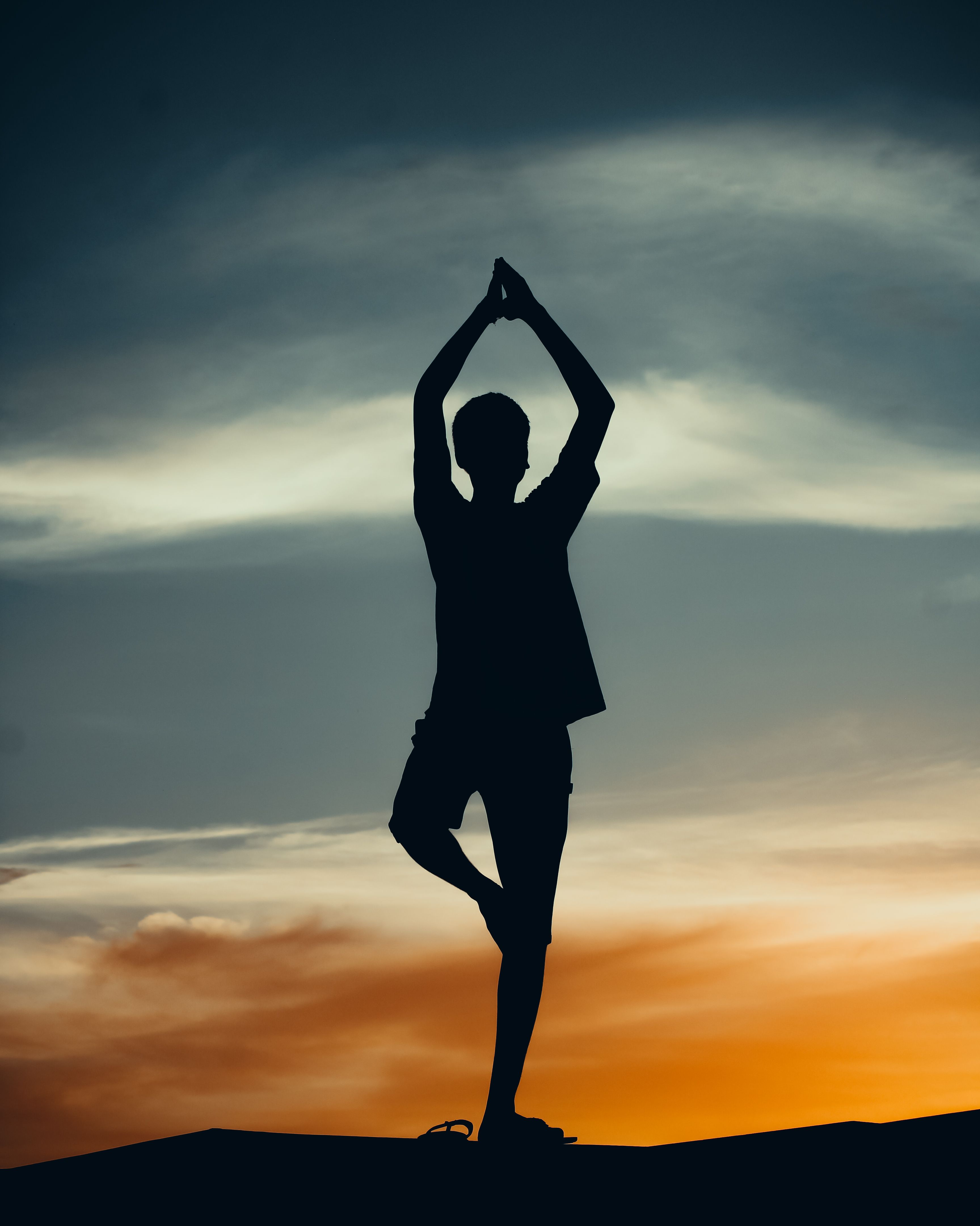 Silhouette of Woman Standing Under Blue Sky with Her Arm Raised · Free ...