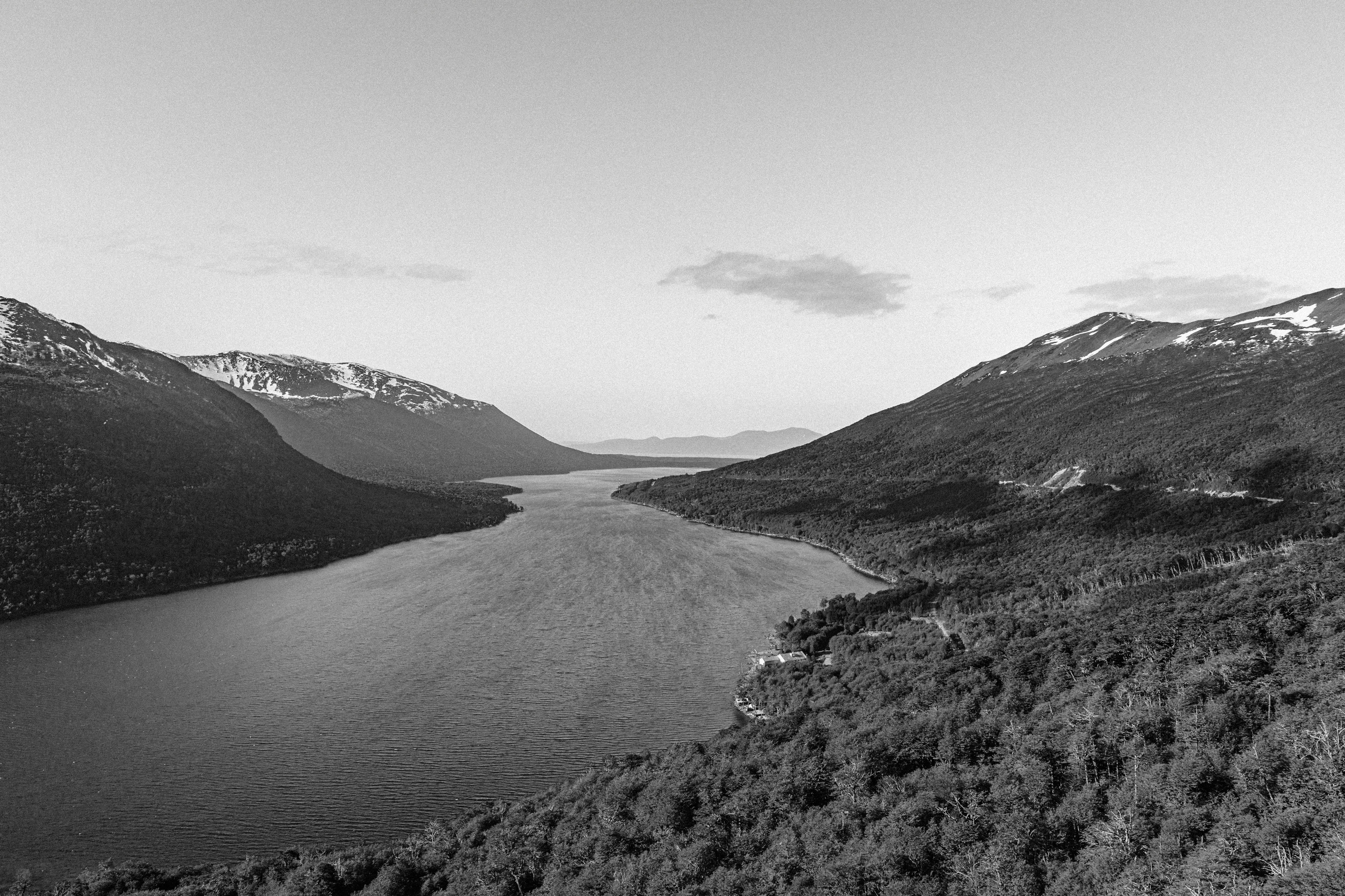 Grayscale Photo of Lake and Mountains · Free Stock Photo