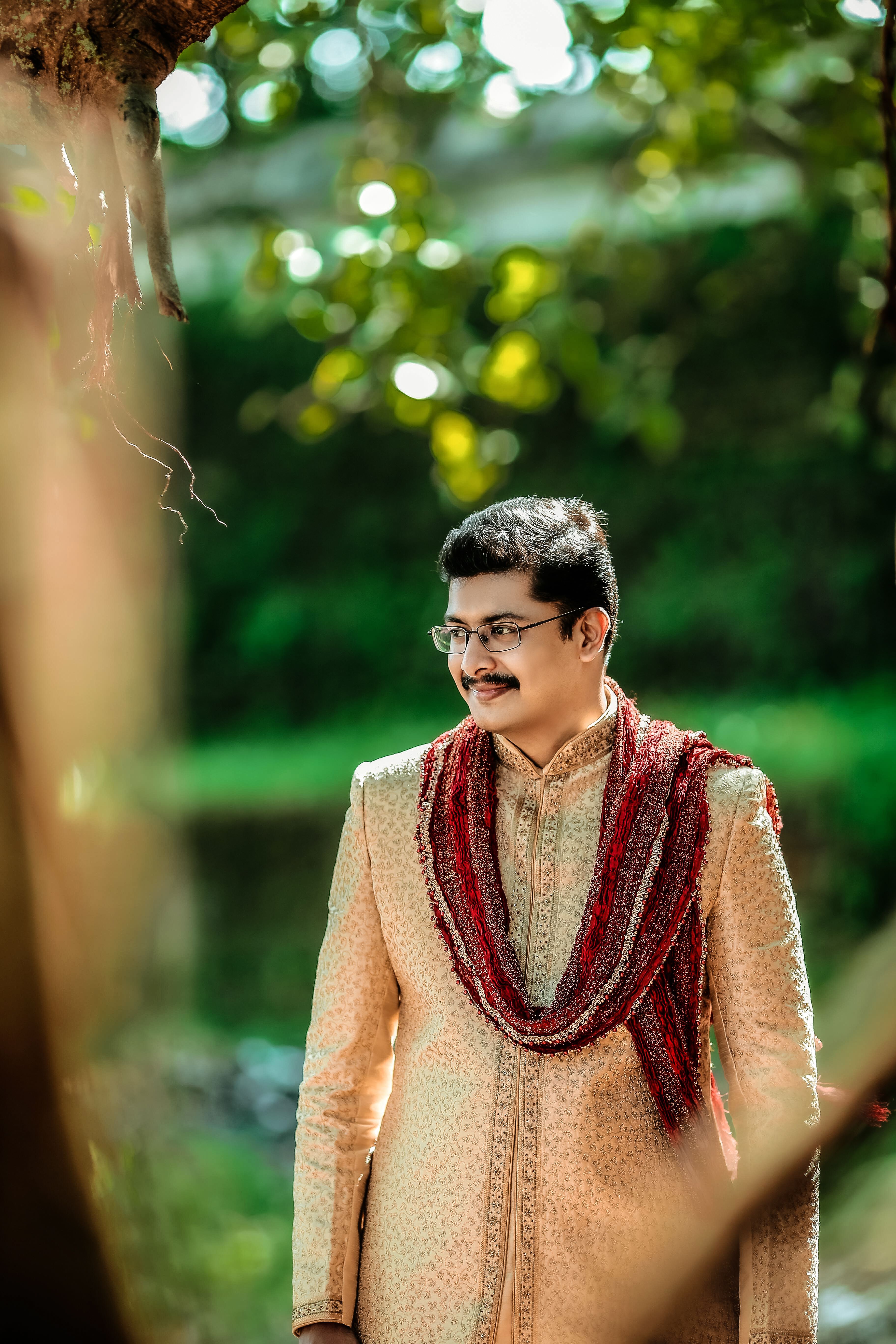 Man in Beige Brocade Sherwani with Red Shawl · Free Stock Photo