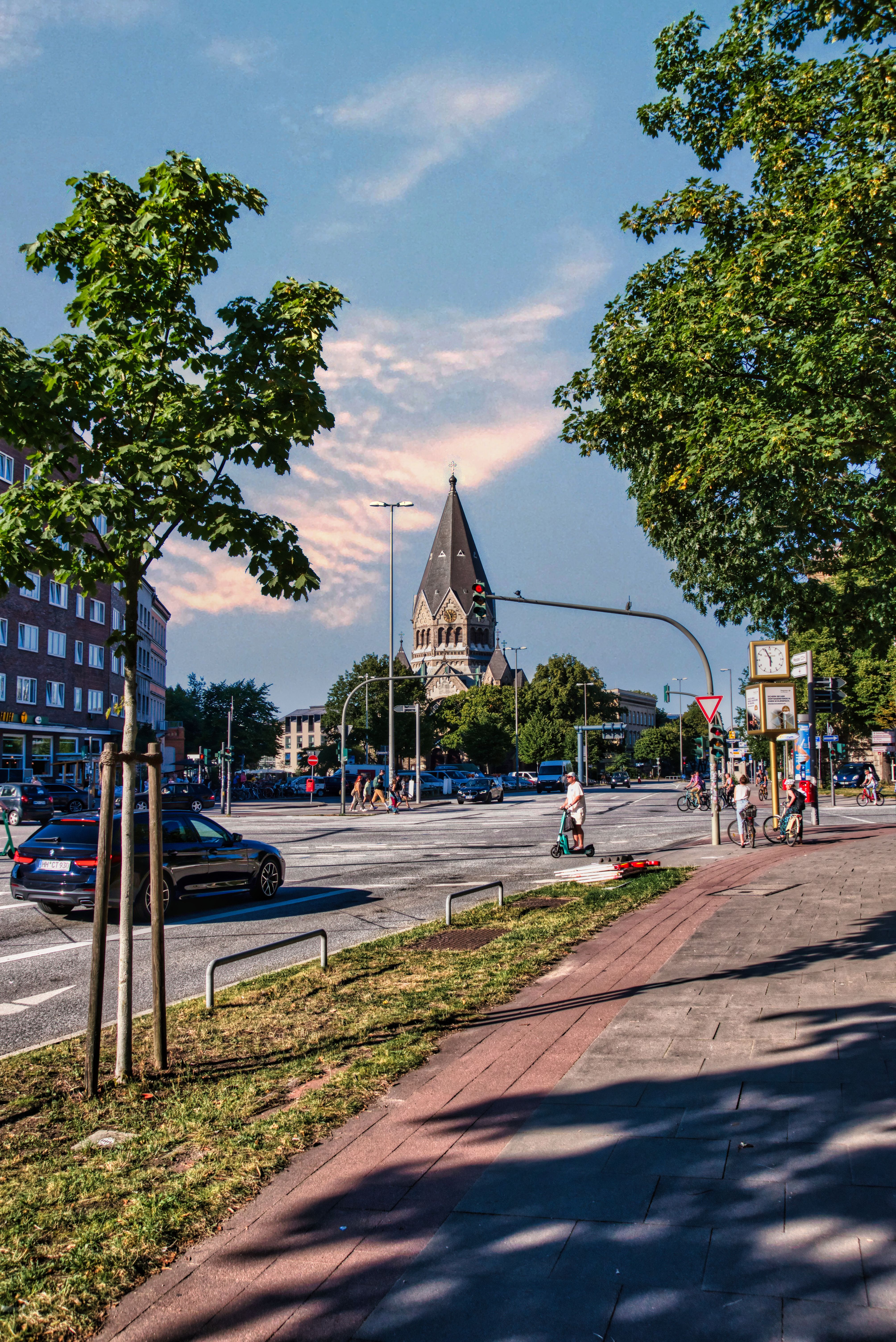 City Street with a View of Church Tower · Free Stock Photo