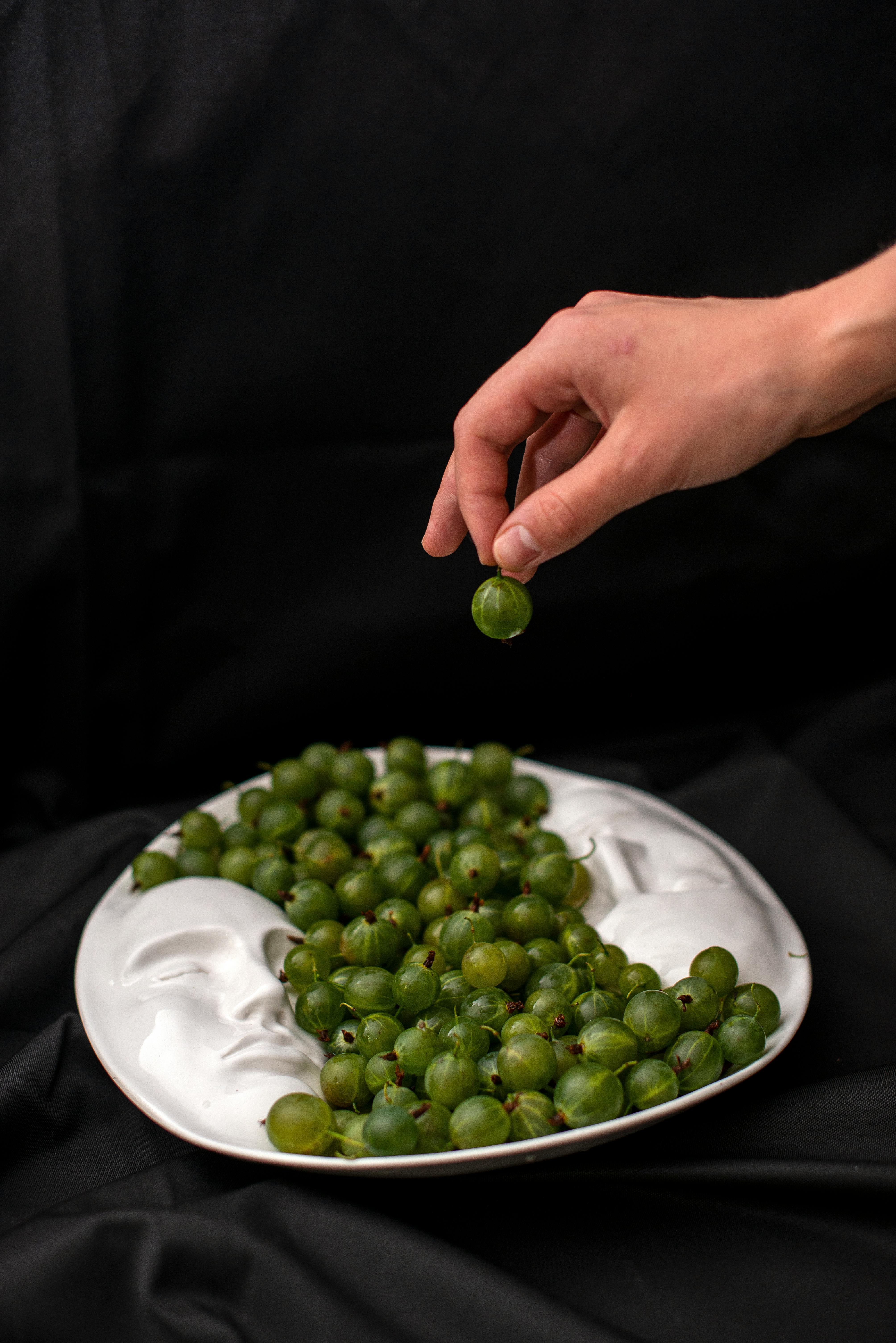 Hand Holding Gooseberry over Tray with Faces · Free Stock Photo