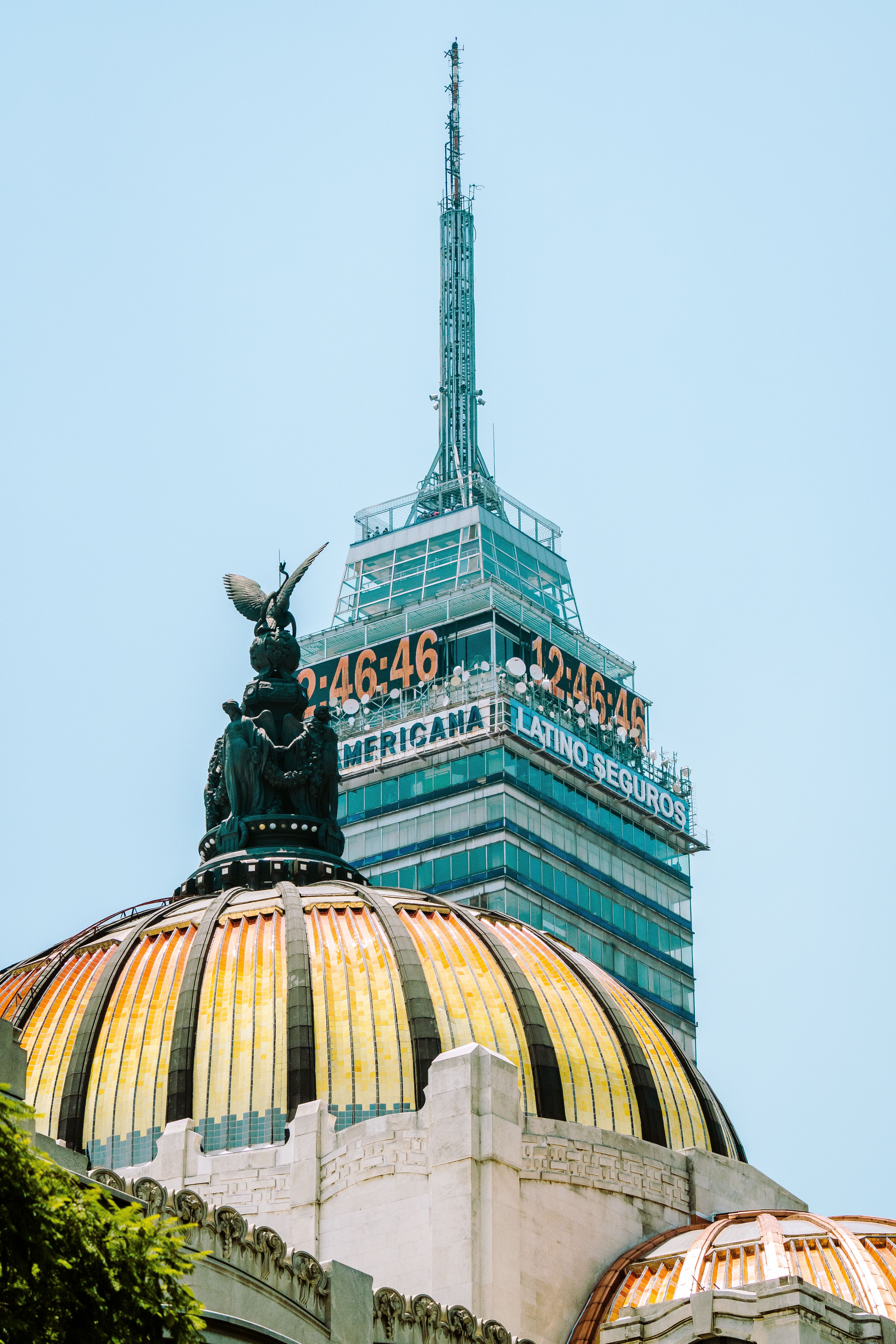 Clock on Top of Torre Latinoamericana against Blue Sky in Mexico City ...