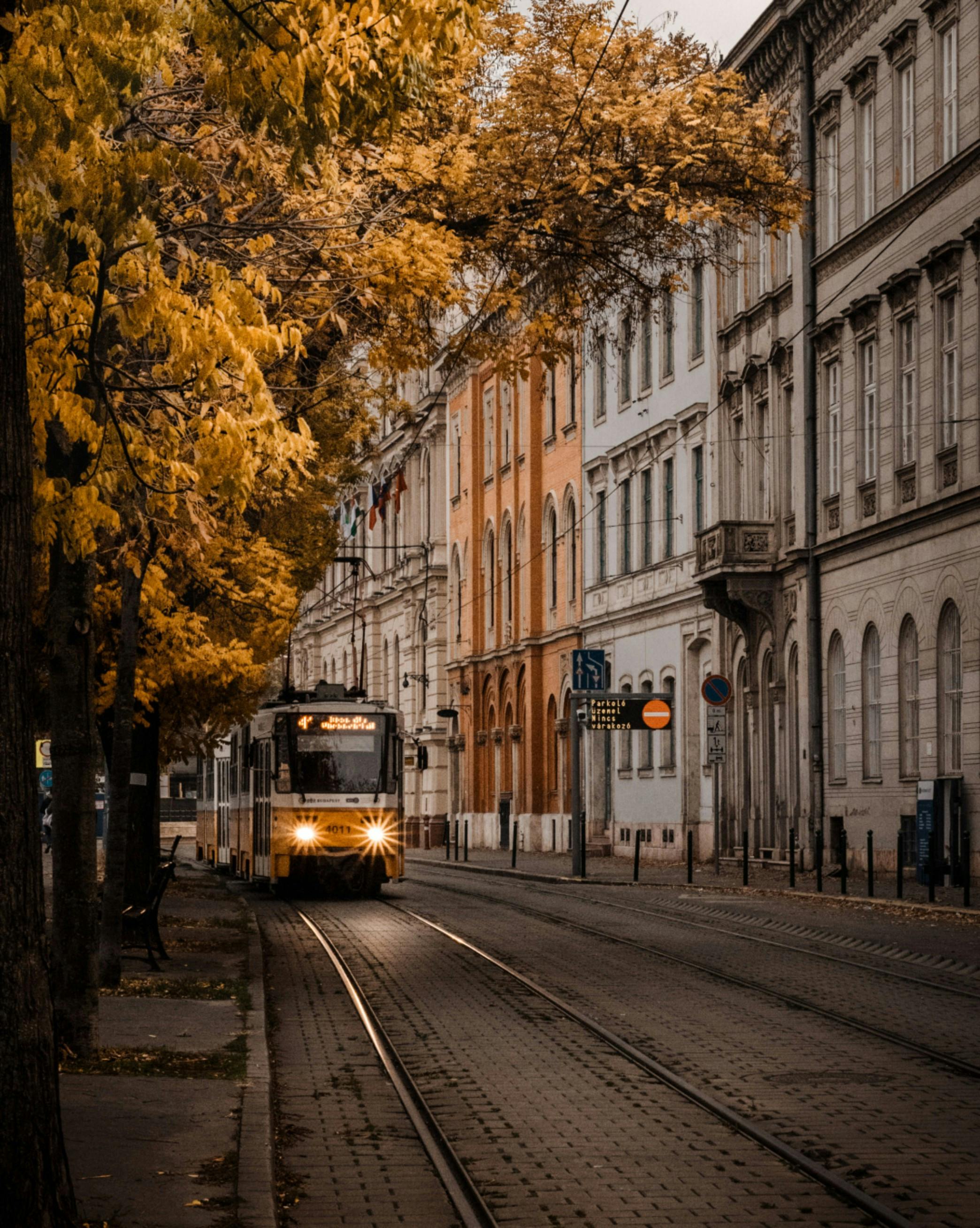 Tram on Tramline Near Concrete Buildings and Trees · Free Stock Photo