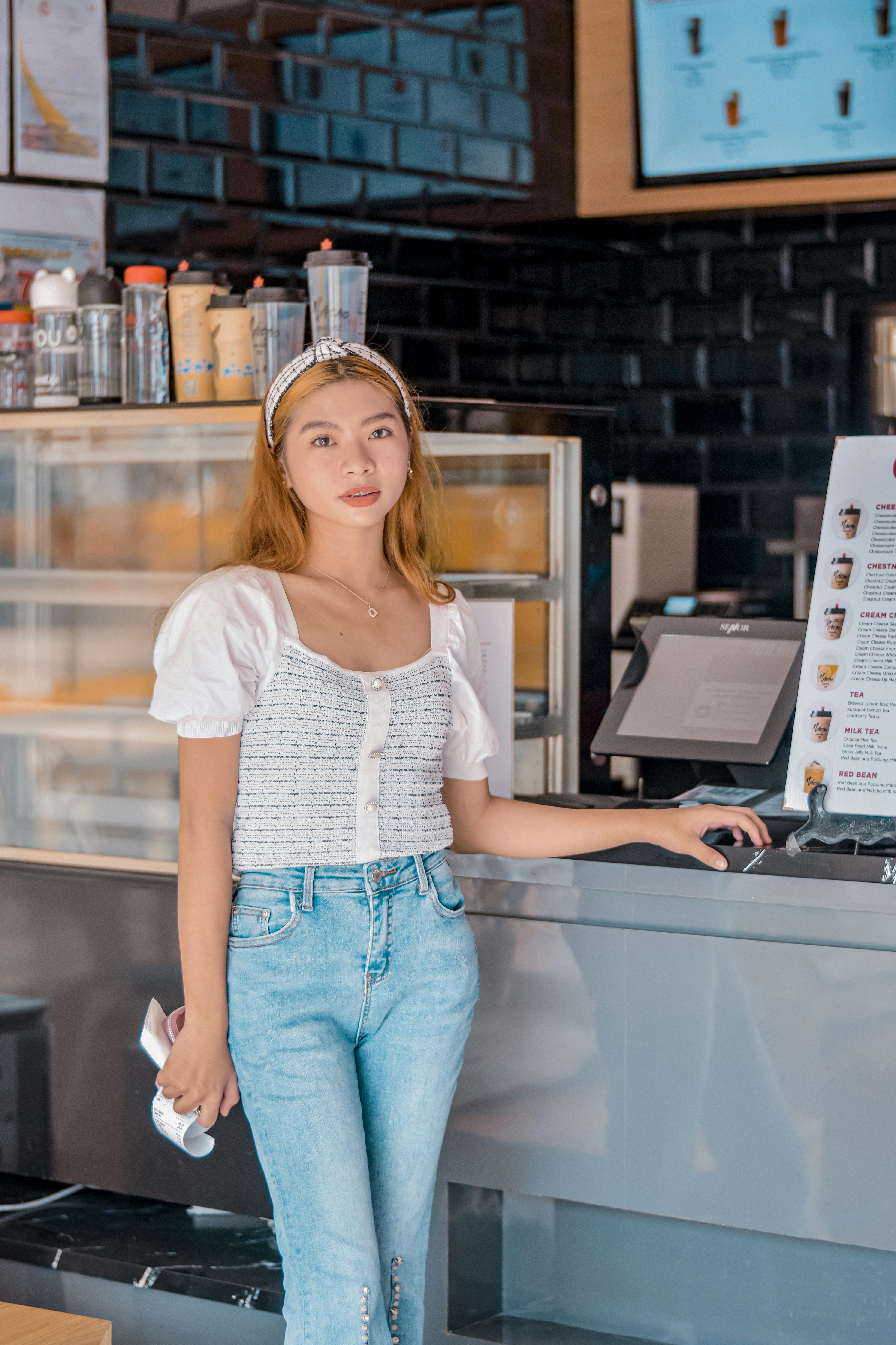 Girl Standing In From Of Cafe Photos, Download The BEST Free Girl ...