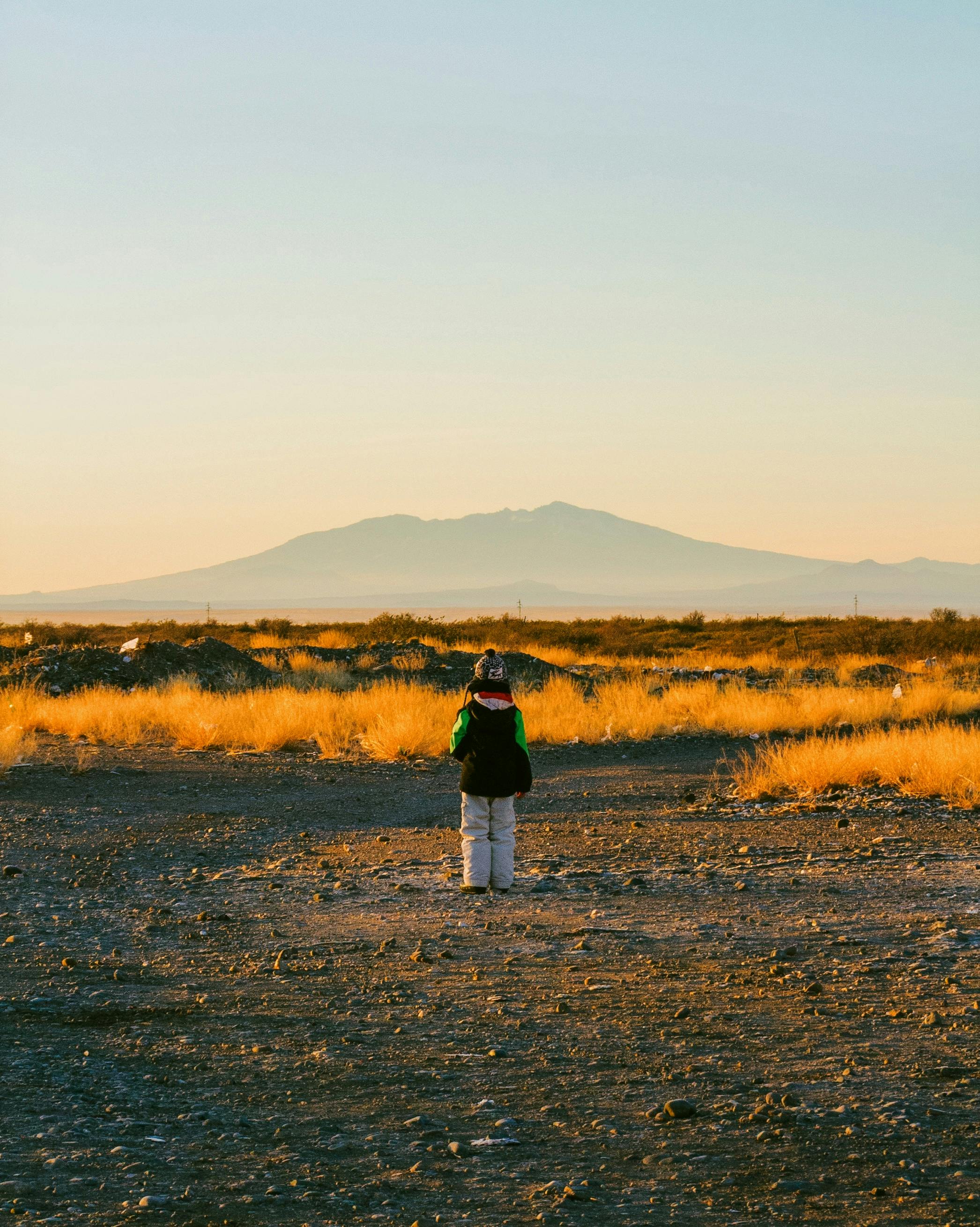 Back View of a Child Standing on a Field Looking Towards a Mountain in ...