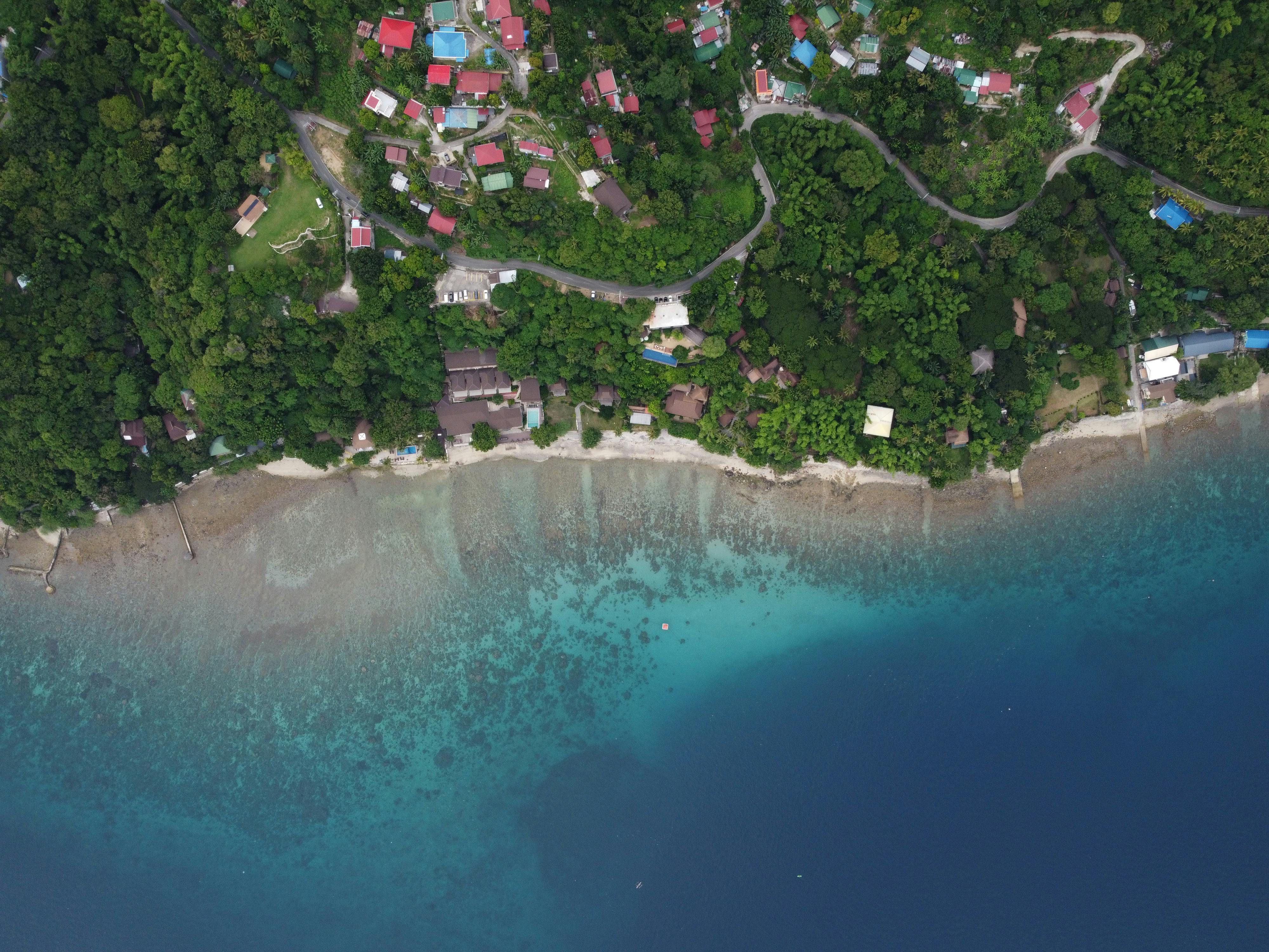 Aerial View of an Ocean Beside Land with Green Trees · Free Stock Photo