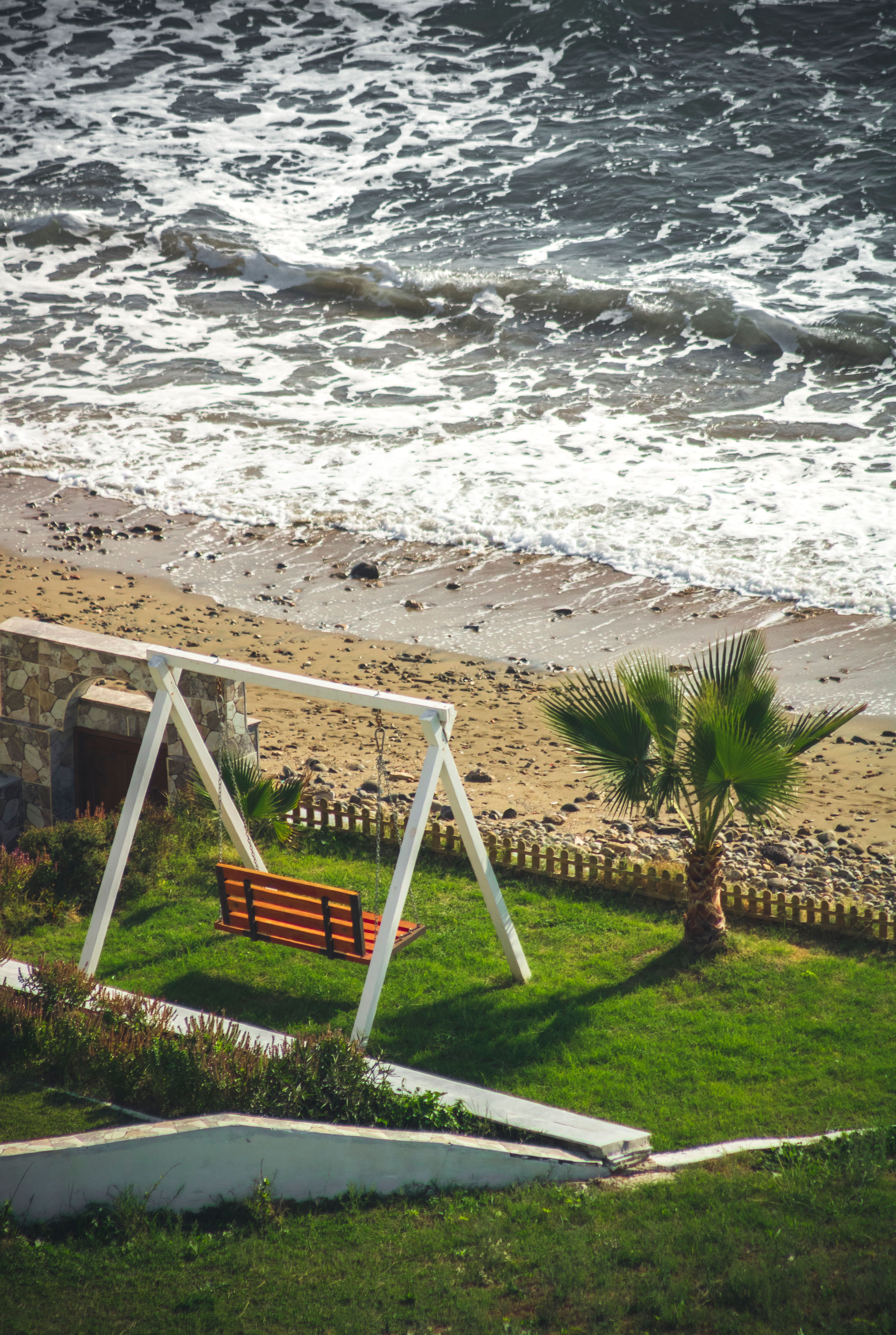 A Wooden Swing on Green Grass Field Near the Beach · Free Stock Photo