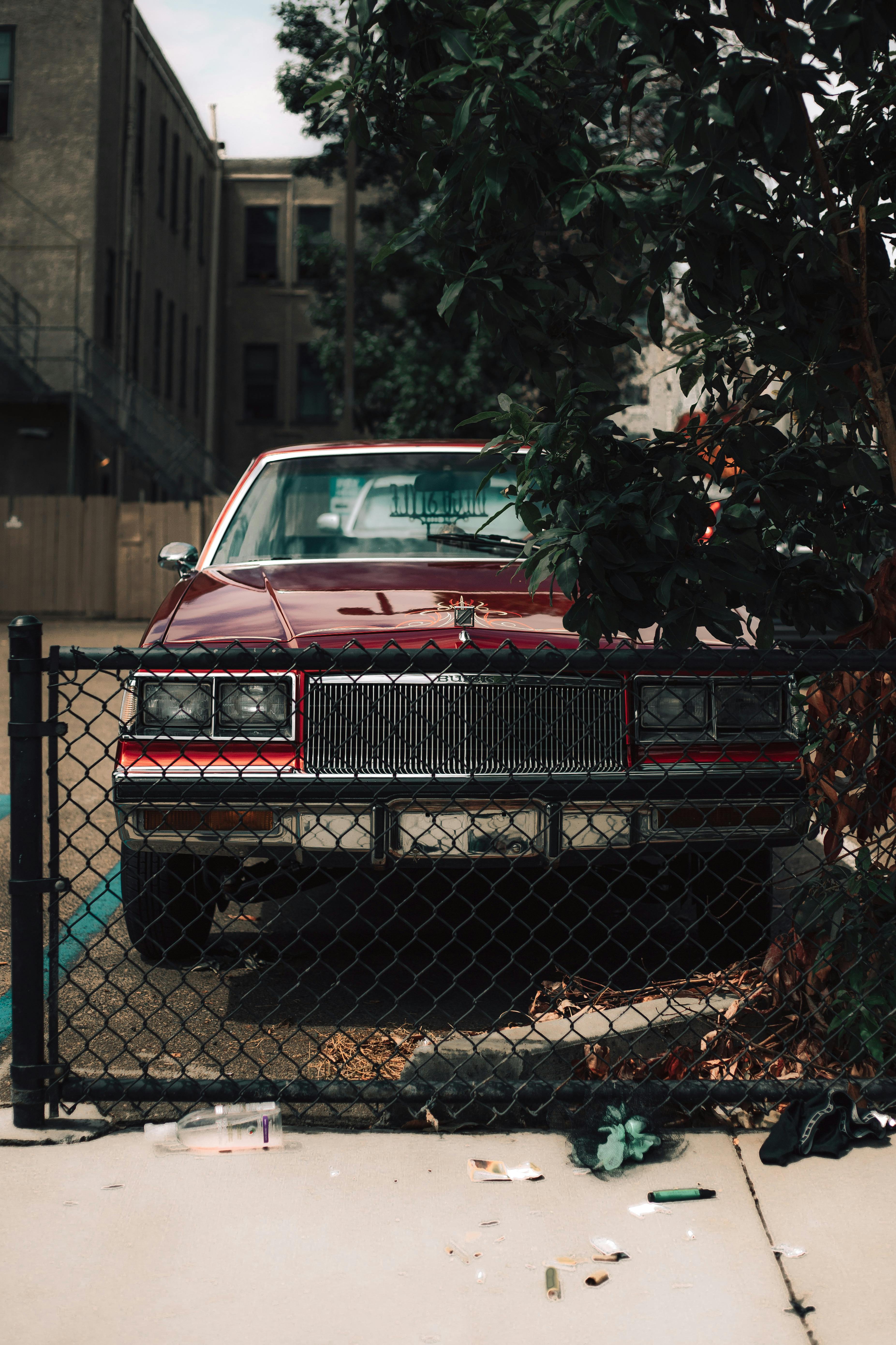 Red Car Parked Near Tree and Fence · Free Stock Photo