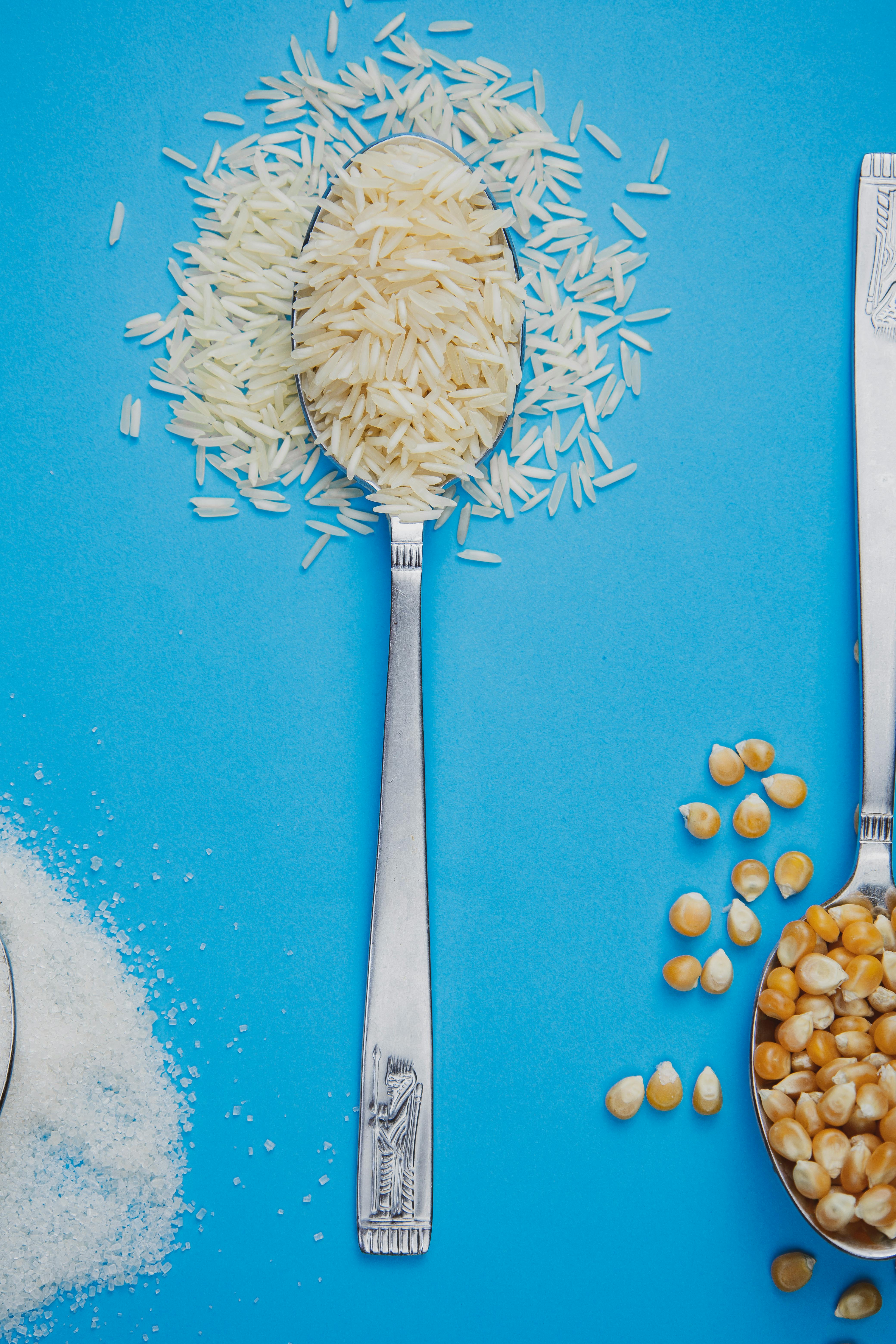 Spoons of Corn Grains and Rice Grains on Blue Surface · Free Stock Photo