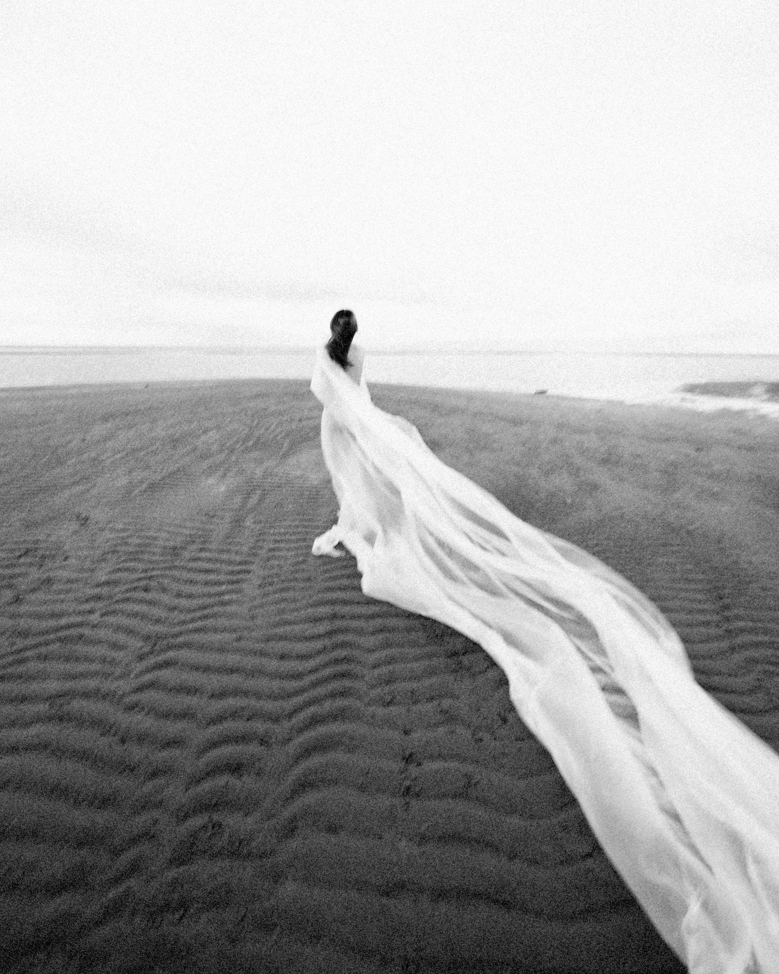 A Grayscale of a Woman in a Sheer Cloth on a Beach · Free Stock Photo