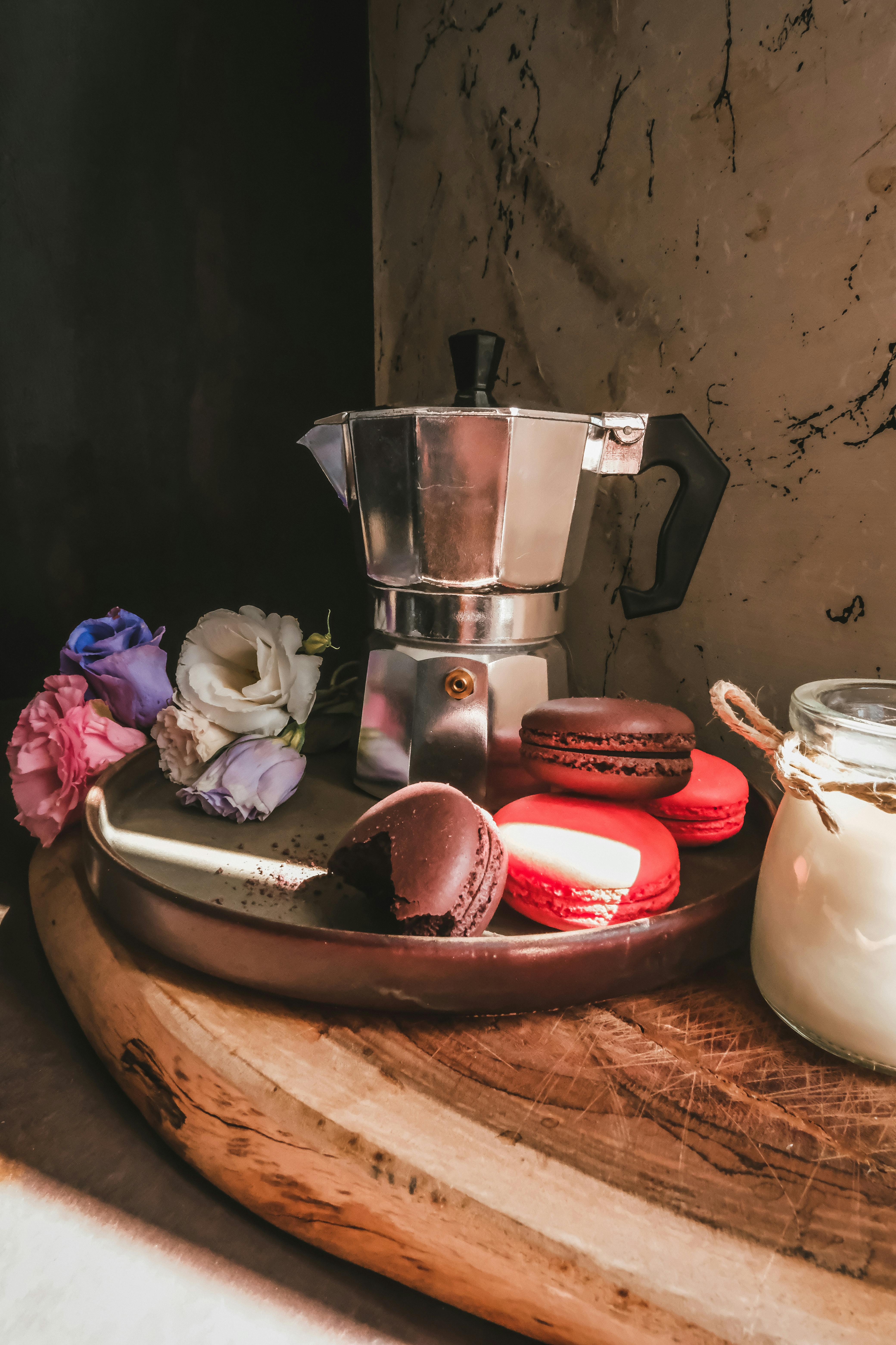 Macarons Beside the Moka Pot · Free Stock Photo
