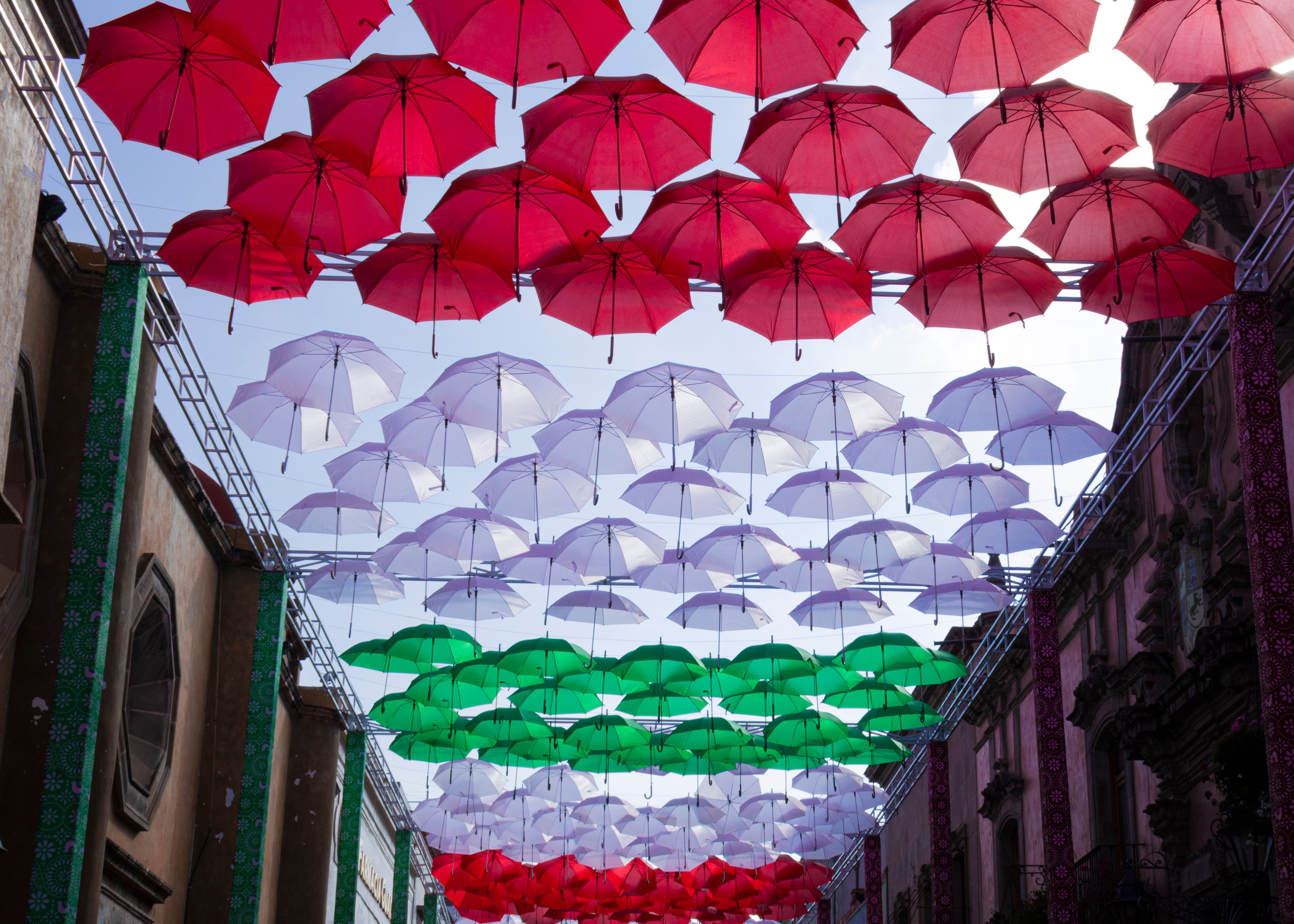 Red White and Green Umbrellas Hanging in between Buildings · Free Stock ...