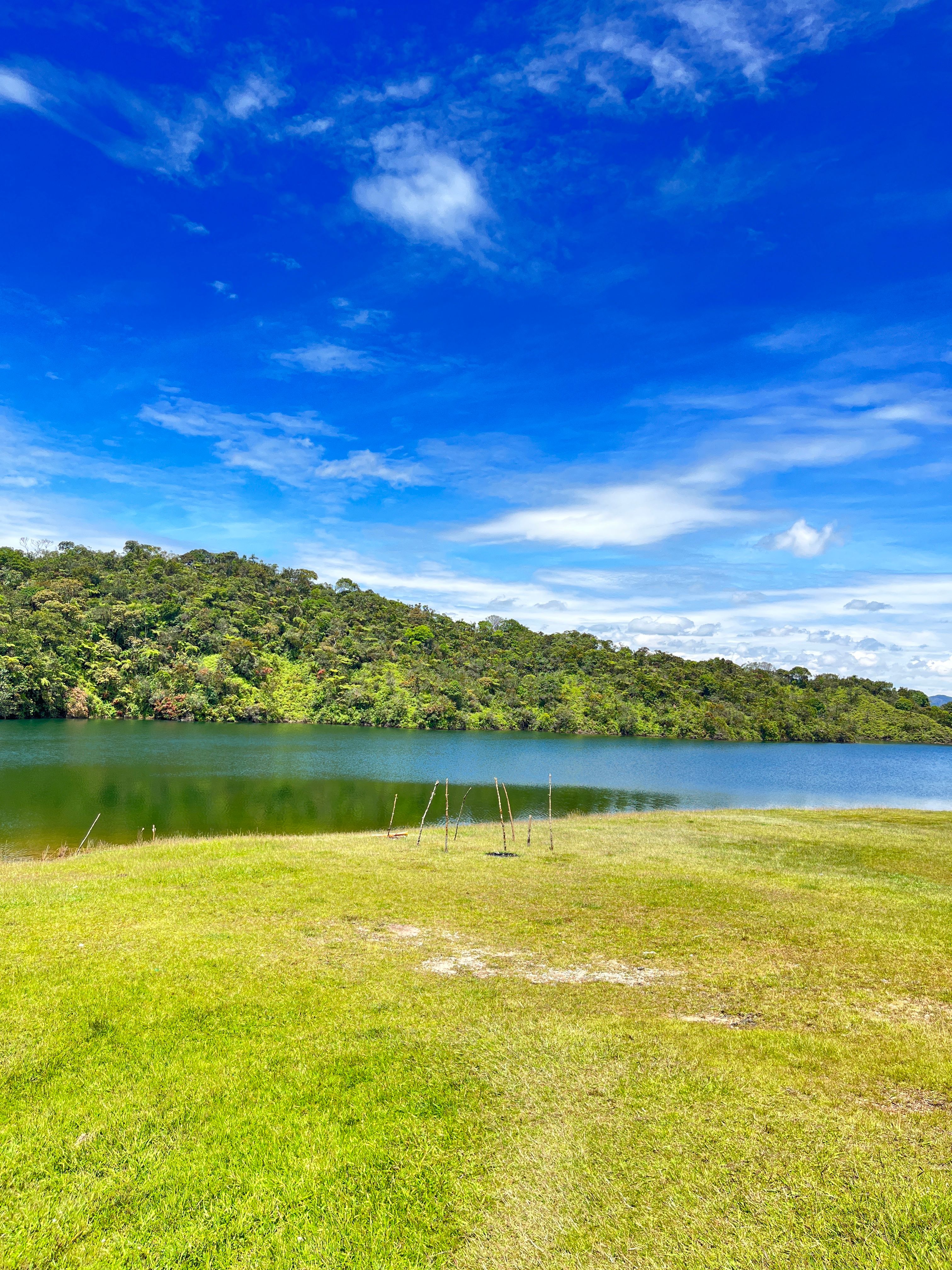 A Green Grass Field Near the Lake Under the Blue Sky · Free Stock Photo