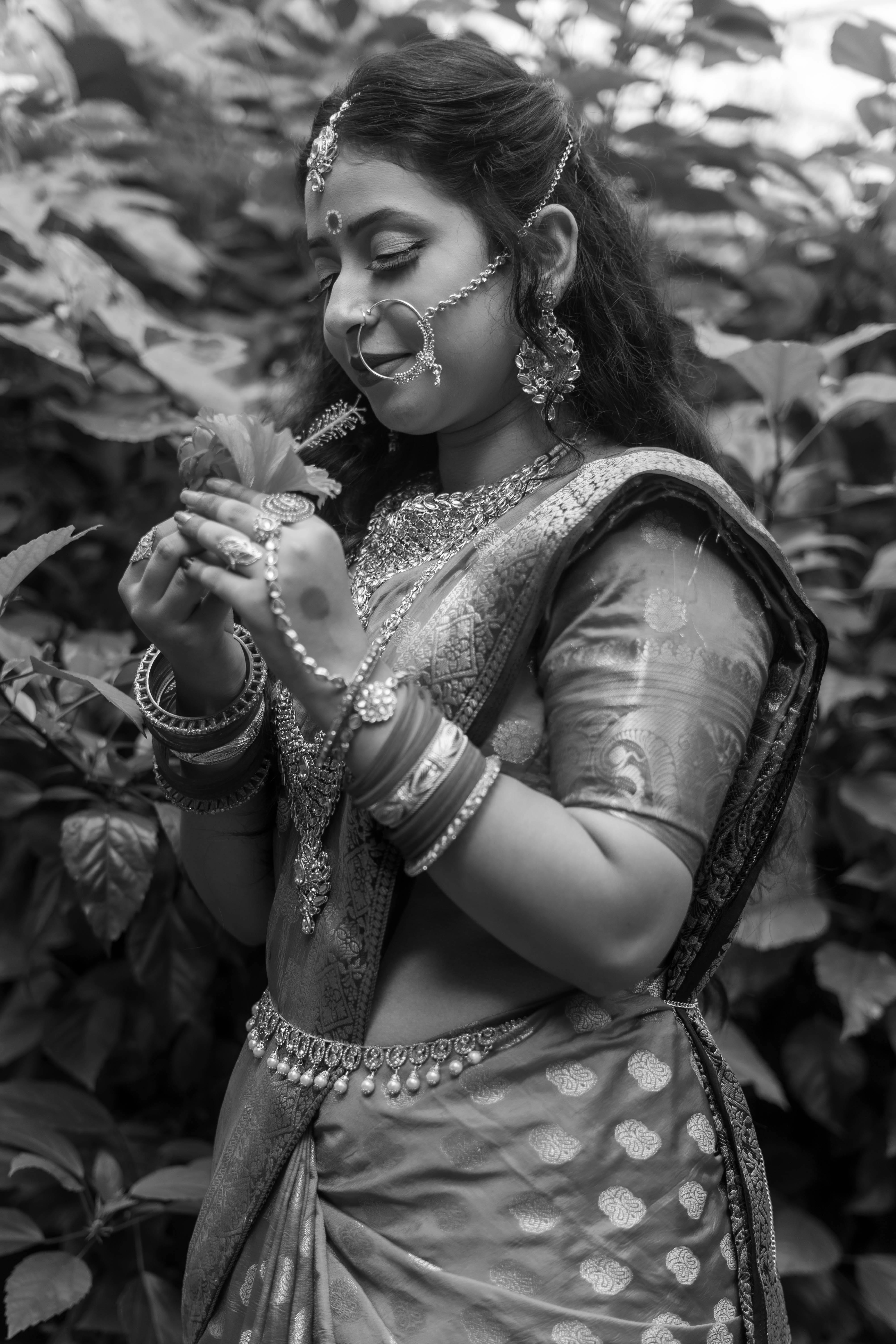 Grayscale Photo of Woman in Traditional Dress · Free Stock Photo