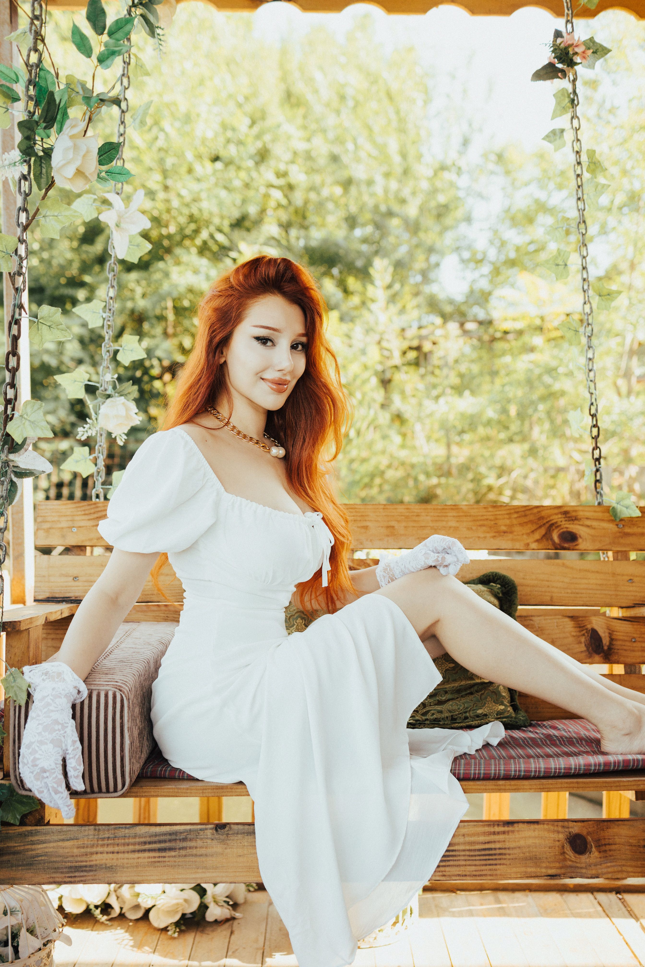 Beautiful Redhead Woman In White Dress Sitting On Wooden Bench · Free 8753