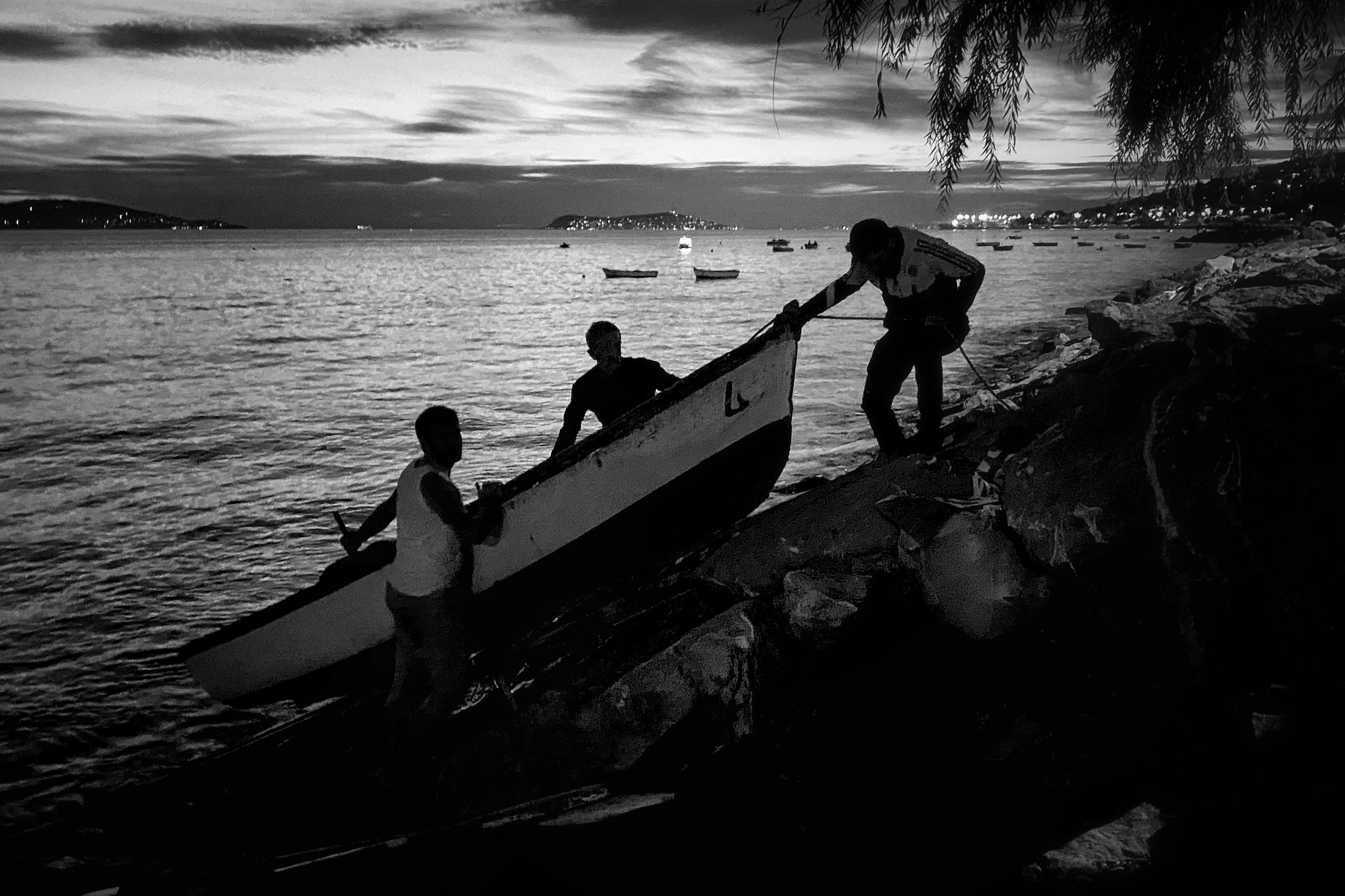 Grayscale Photography of a Boat Near the Lake · Free Stock Photo