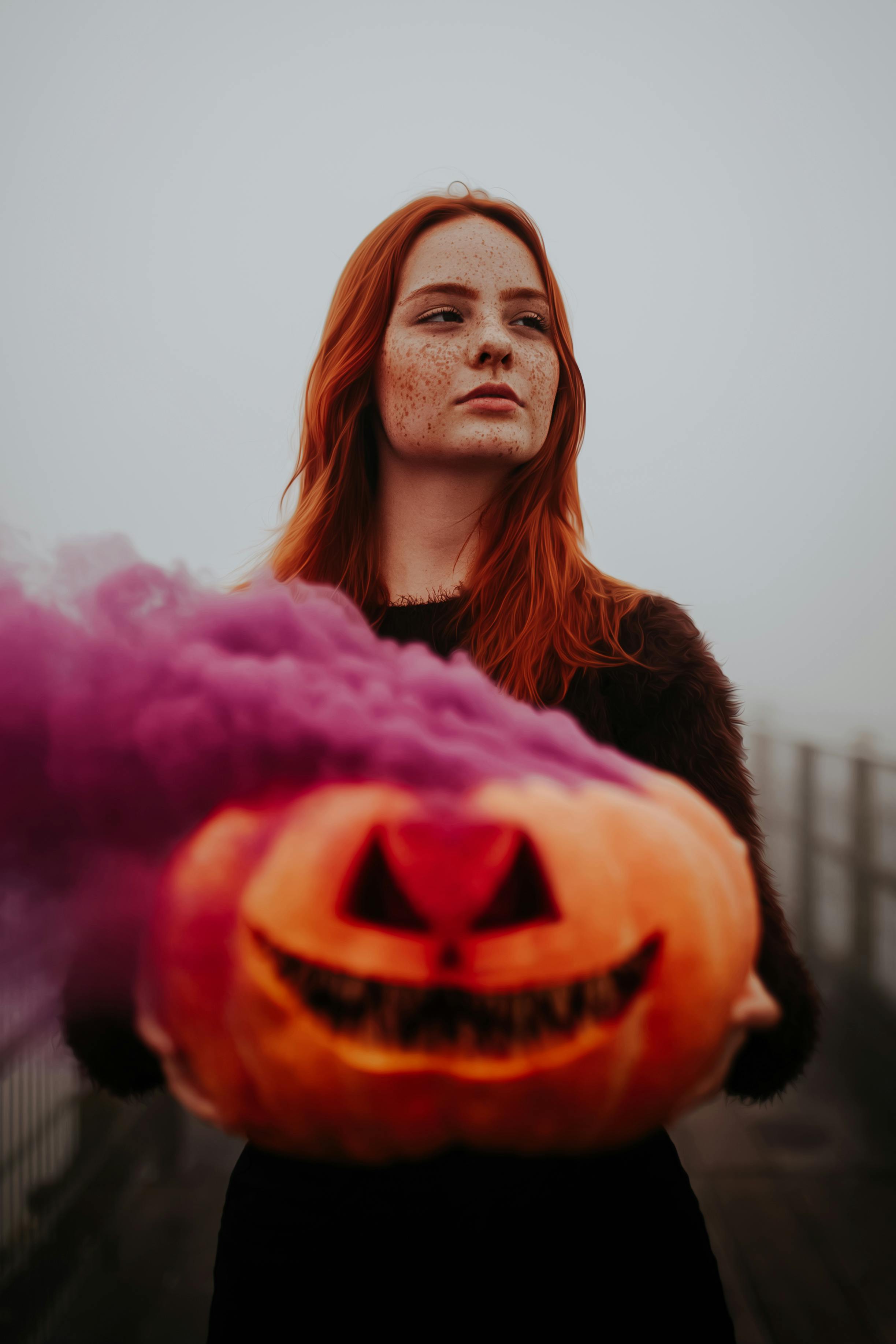 Woman with Pumpkin in Smoke · Free Stock Photo