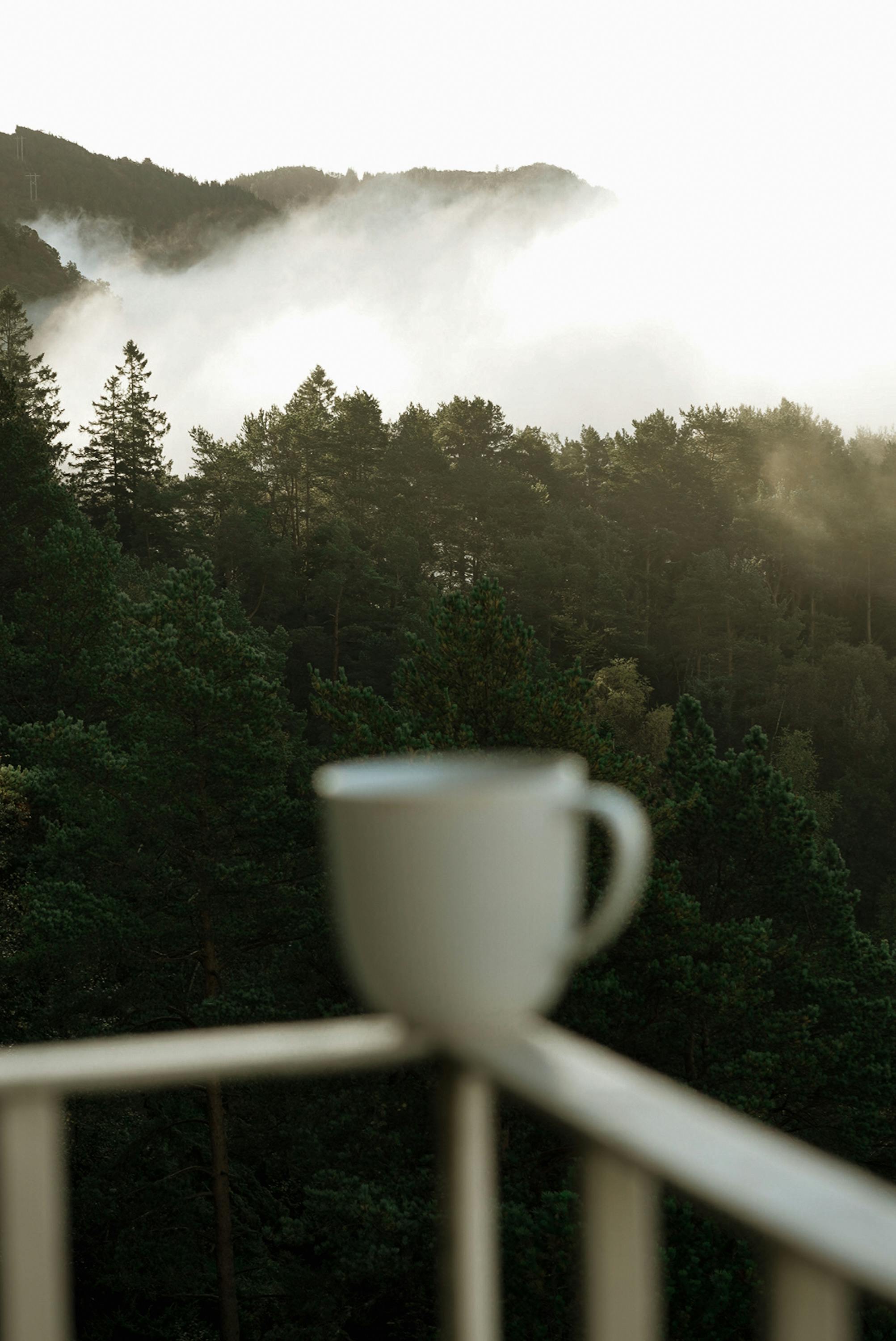 A Cup on a Balcony Terrace and the Landscape of Foggy Mountains and ...