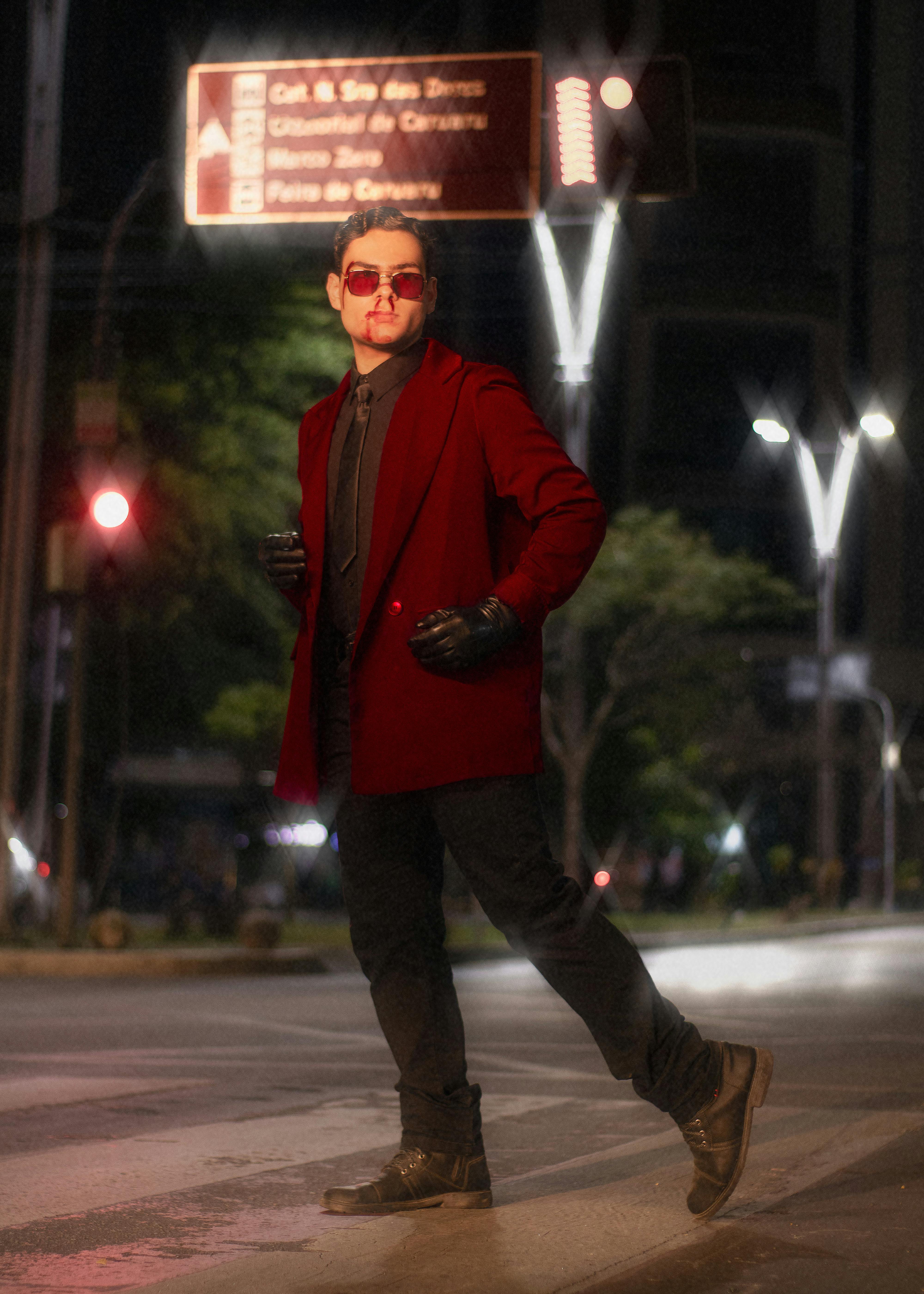 Man in Coat Posing on Street at Night · Free Stock Photo