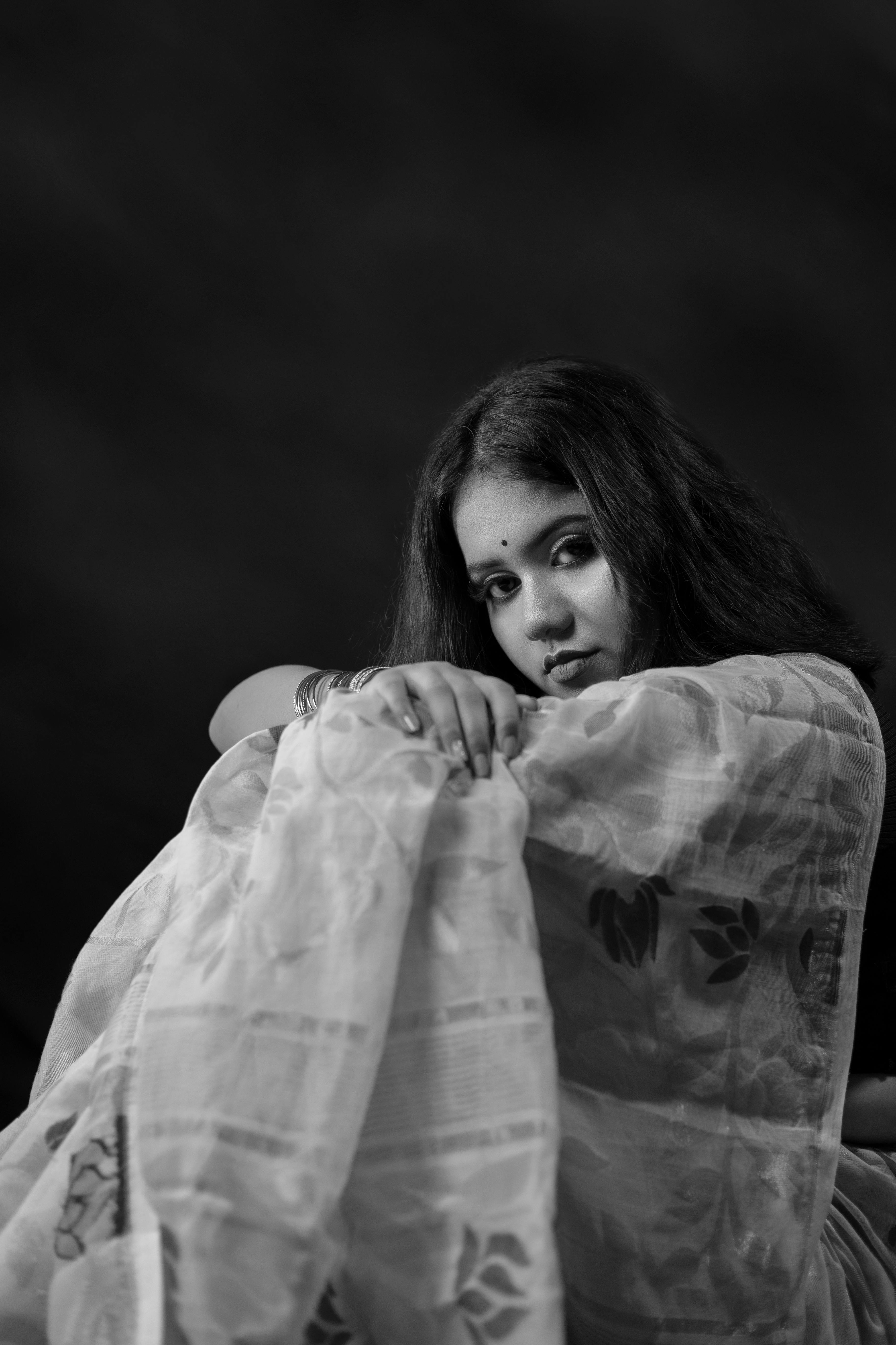 Grayscale Photo of a Woman in Traditional Wedding Dress · Free Stock Photo