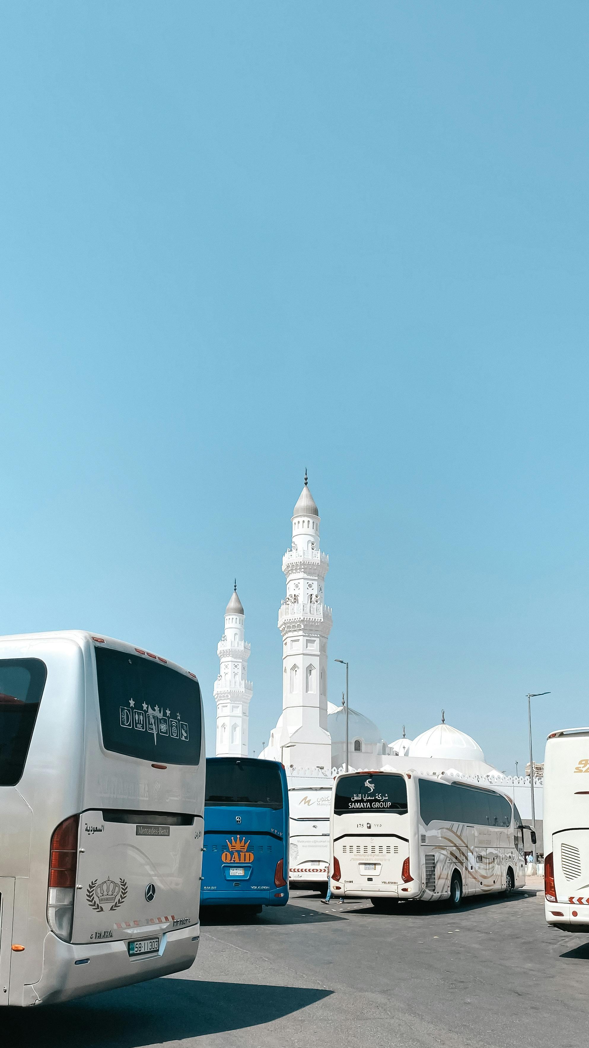 Tourist Buses on a Parking in front of a the The Quba Mosque in Medina ...