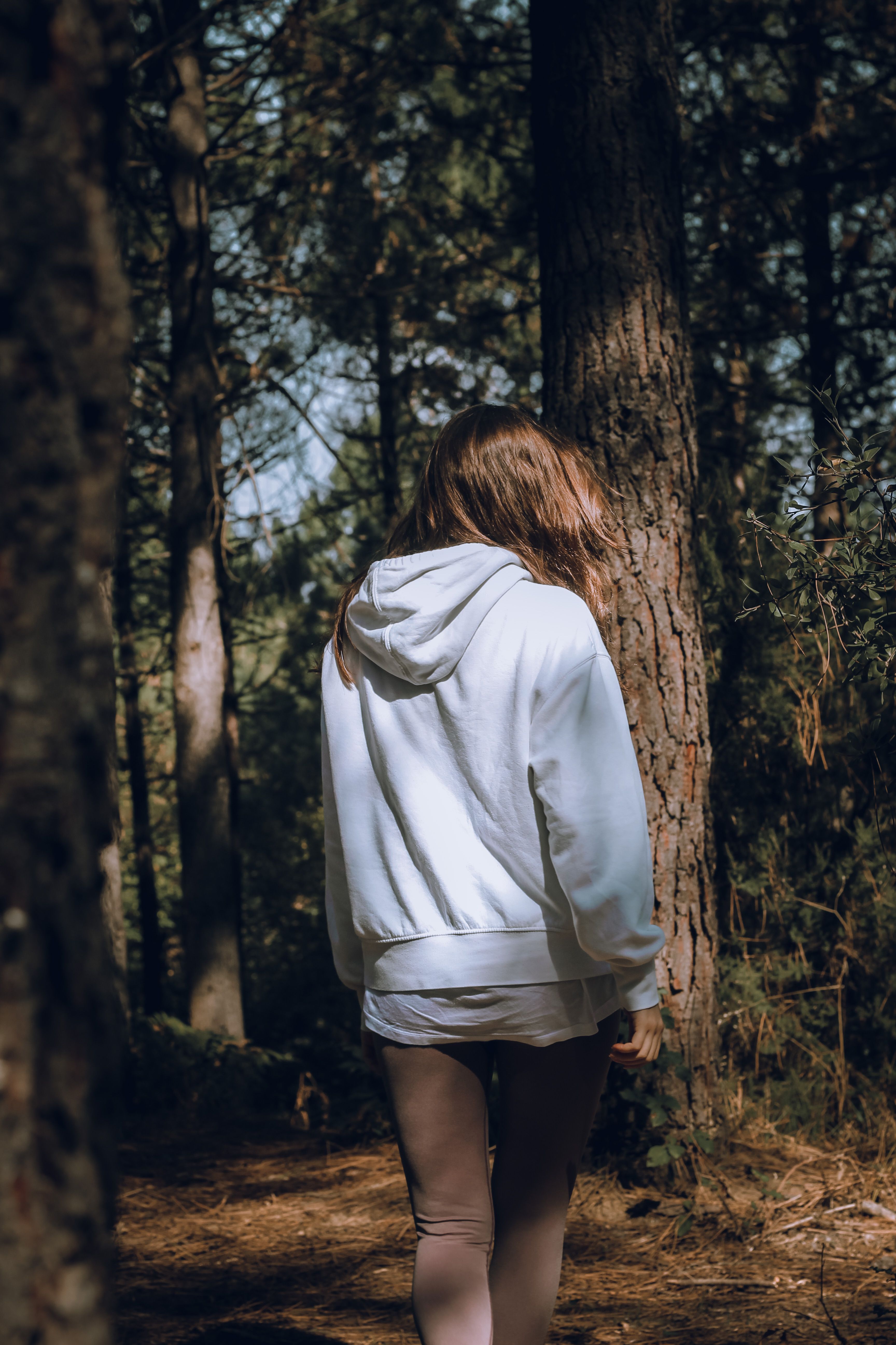 Back View of a Woman in White Hoodie Standing in the Forest · Free ...