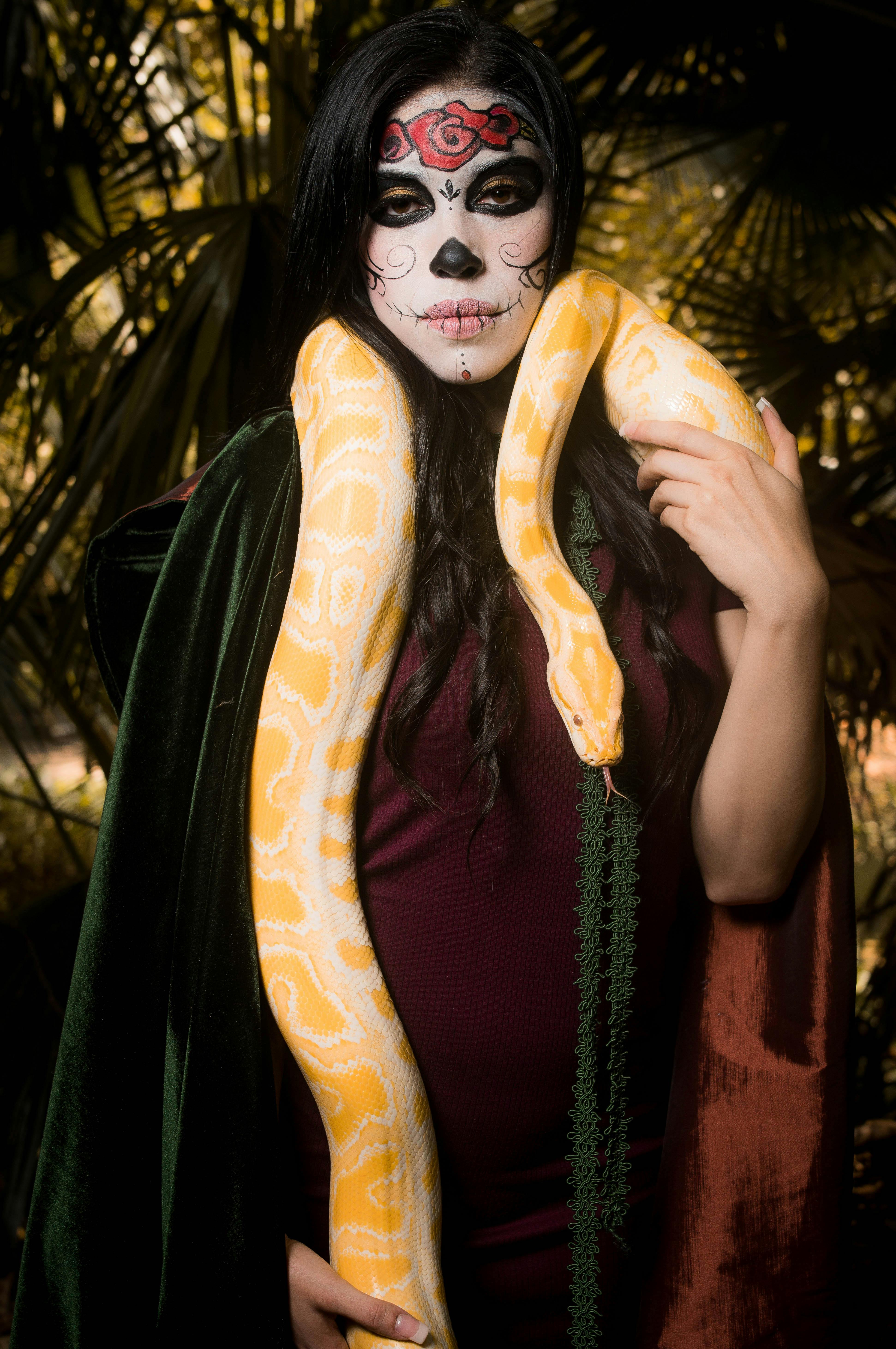 Woman in Skull Makeup with Python around her Neck · Free Stock Photo