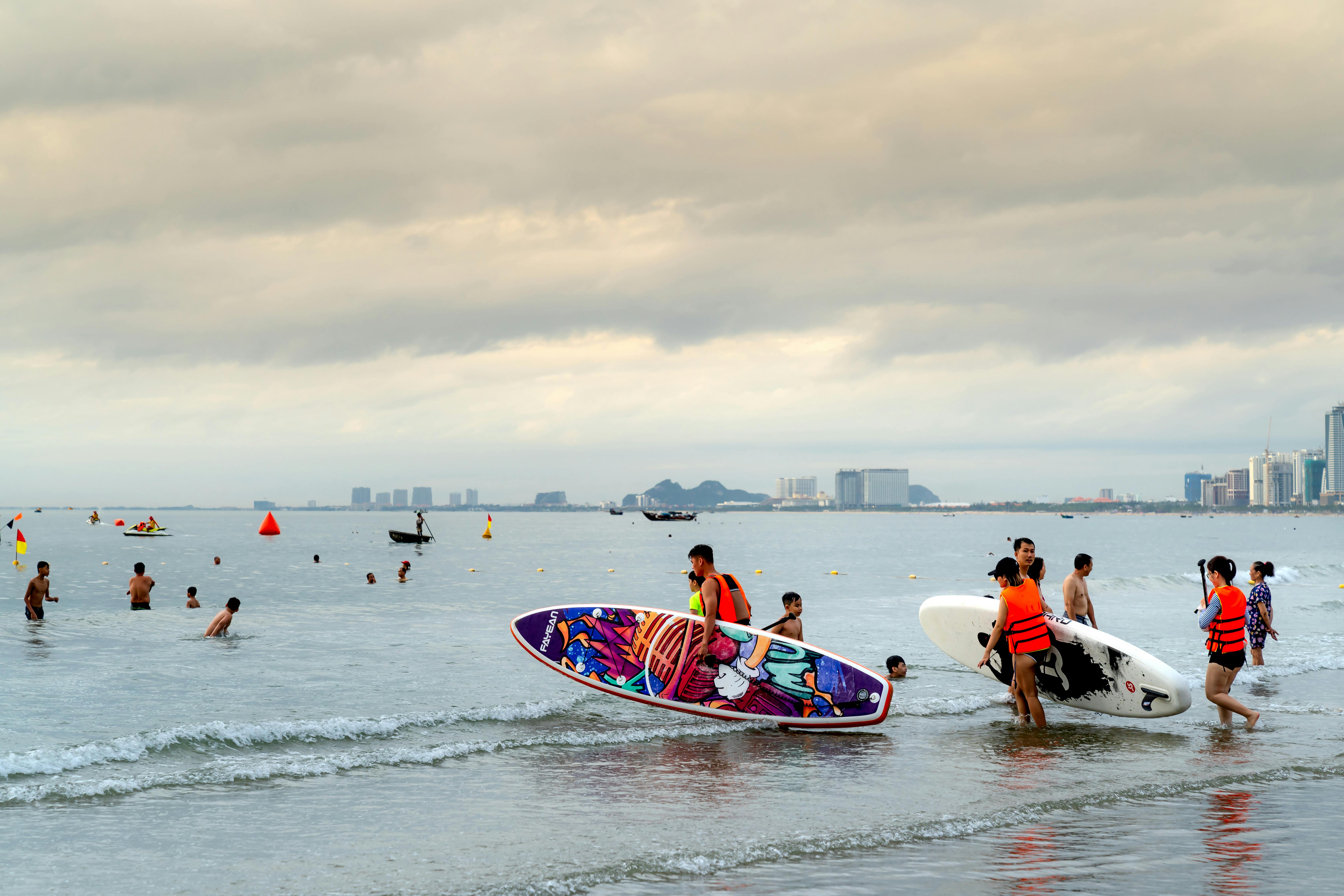 People on Beach Carrying Paddle Boards · Free Stock Photo