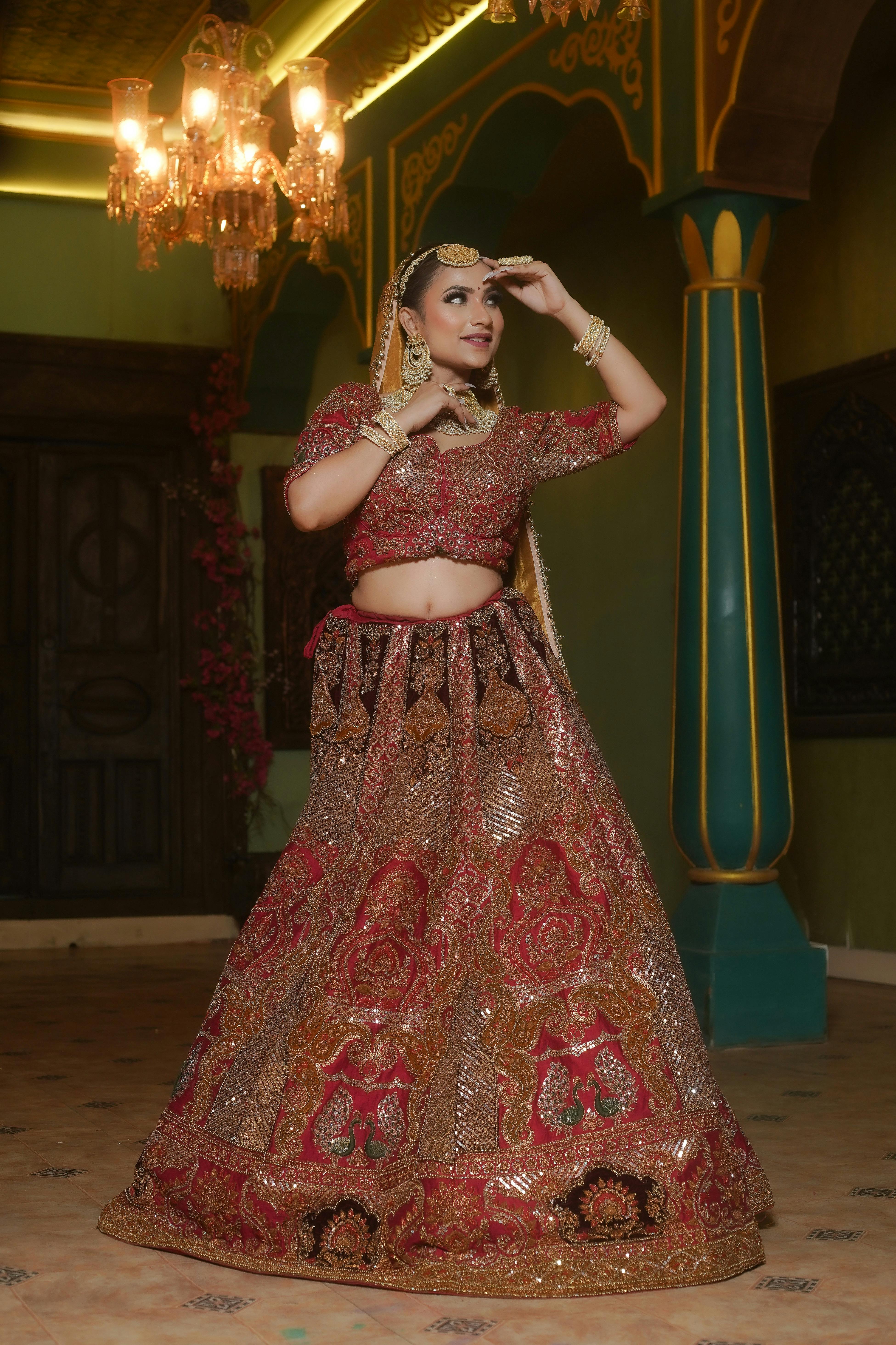 A Pretty Woman in Red and Gold Saree Posing · Free Stock Photo